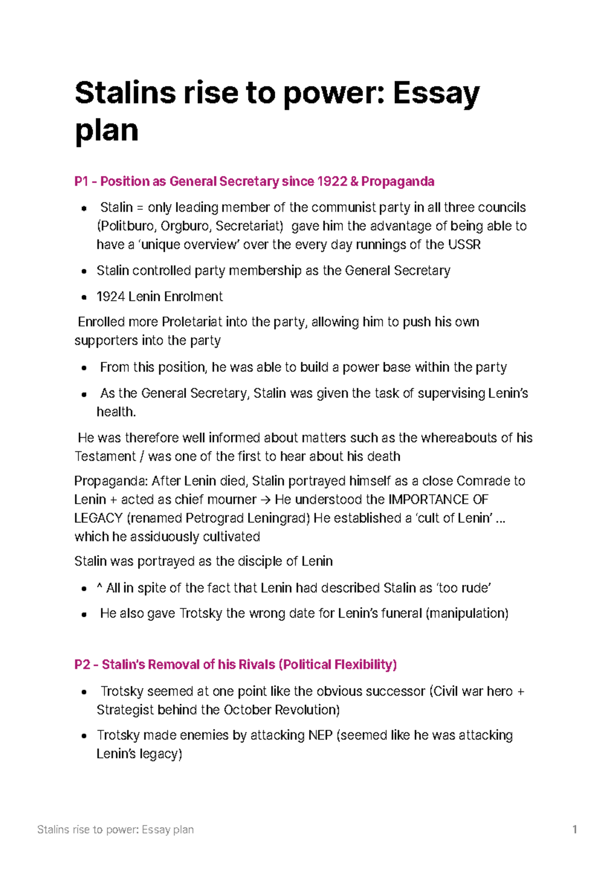 Stalins rise to power Essay plan - Dictators module - Stalins rise to ...