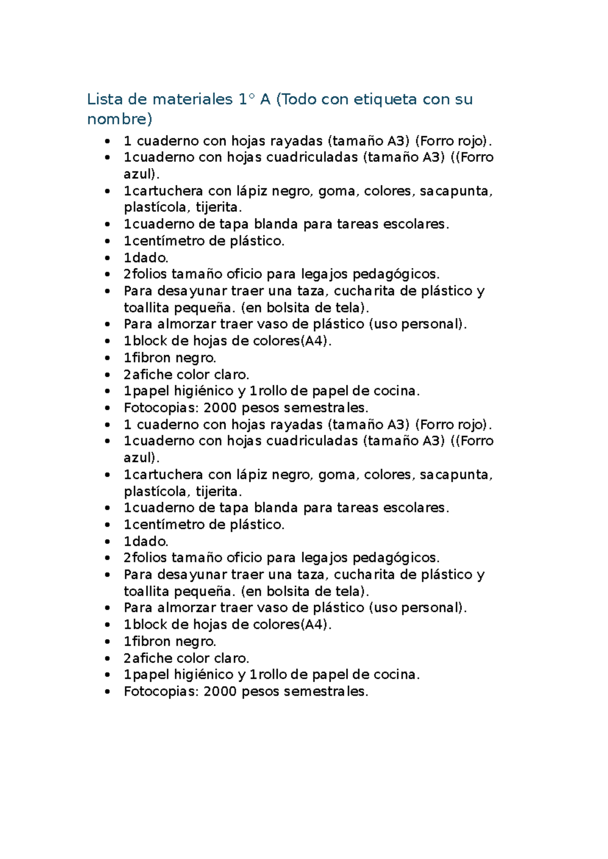 Lista de materiales para 1° A completo - Lista de materiales 1° A (Todo ...