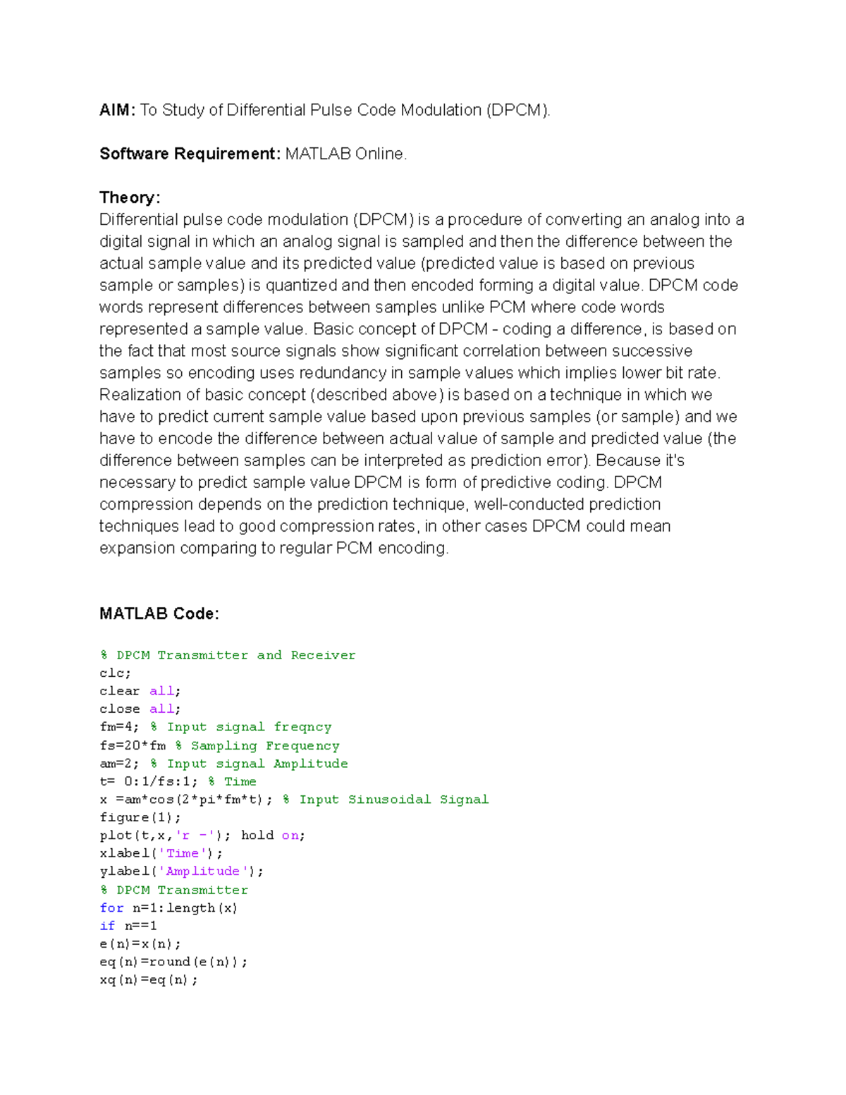 AIM To Study of Differential Pulse Code Modulation (DPCM) - Software ...