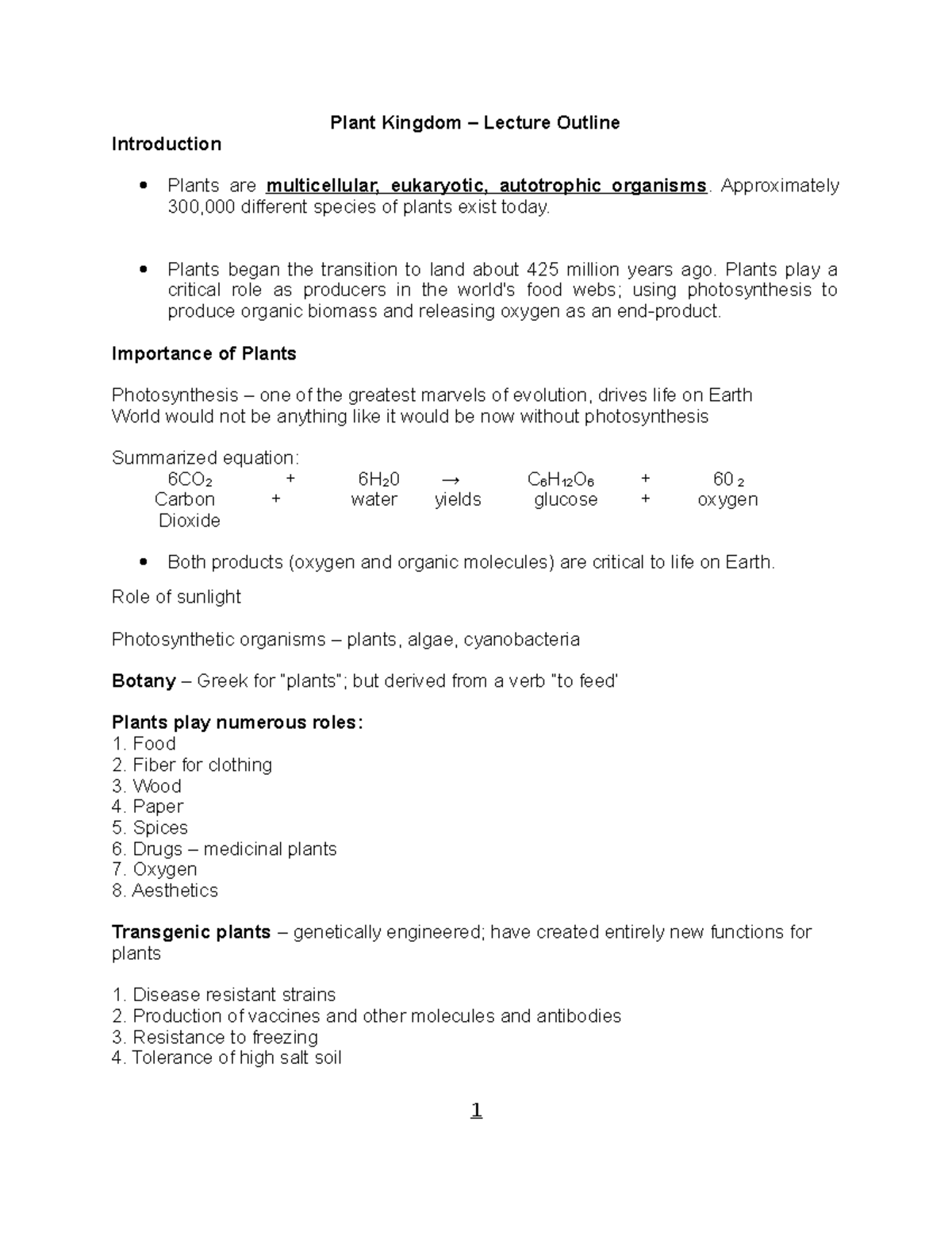 Biology 102 Unit 2 Plant Kingdom Lecture Guide Spring 2017 - Plant ...