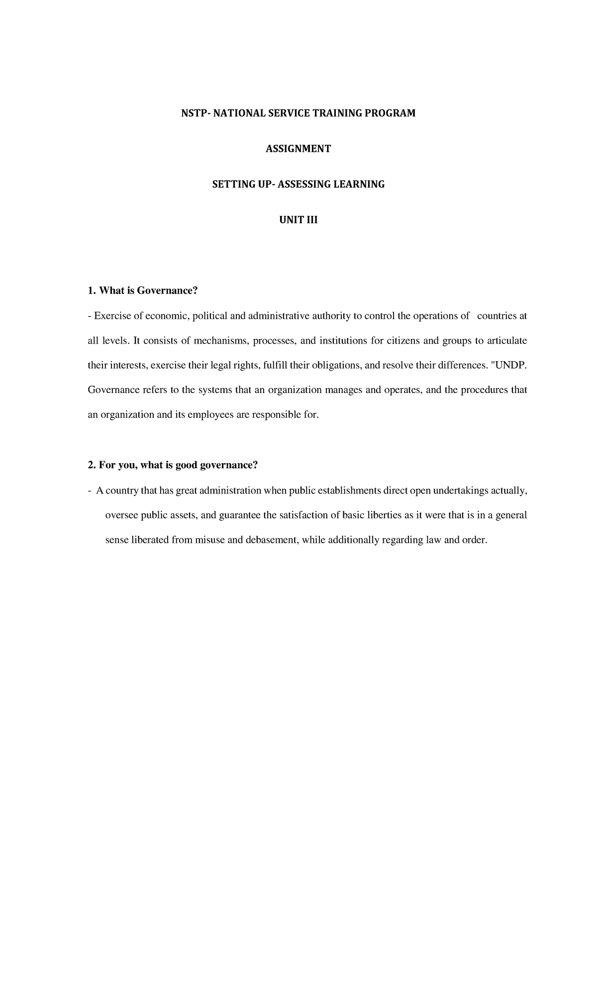 NSTP UNIT III Governance - NSTP- NATIONAL SERVICE TRAINING PROGRAM ...