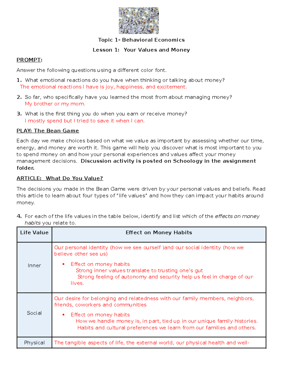 Money homework - Topic 1- Behavioral Economics Lesson 1: Your Values ...