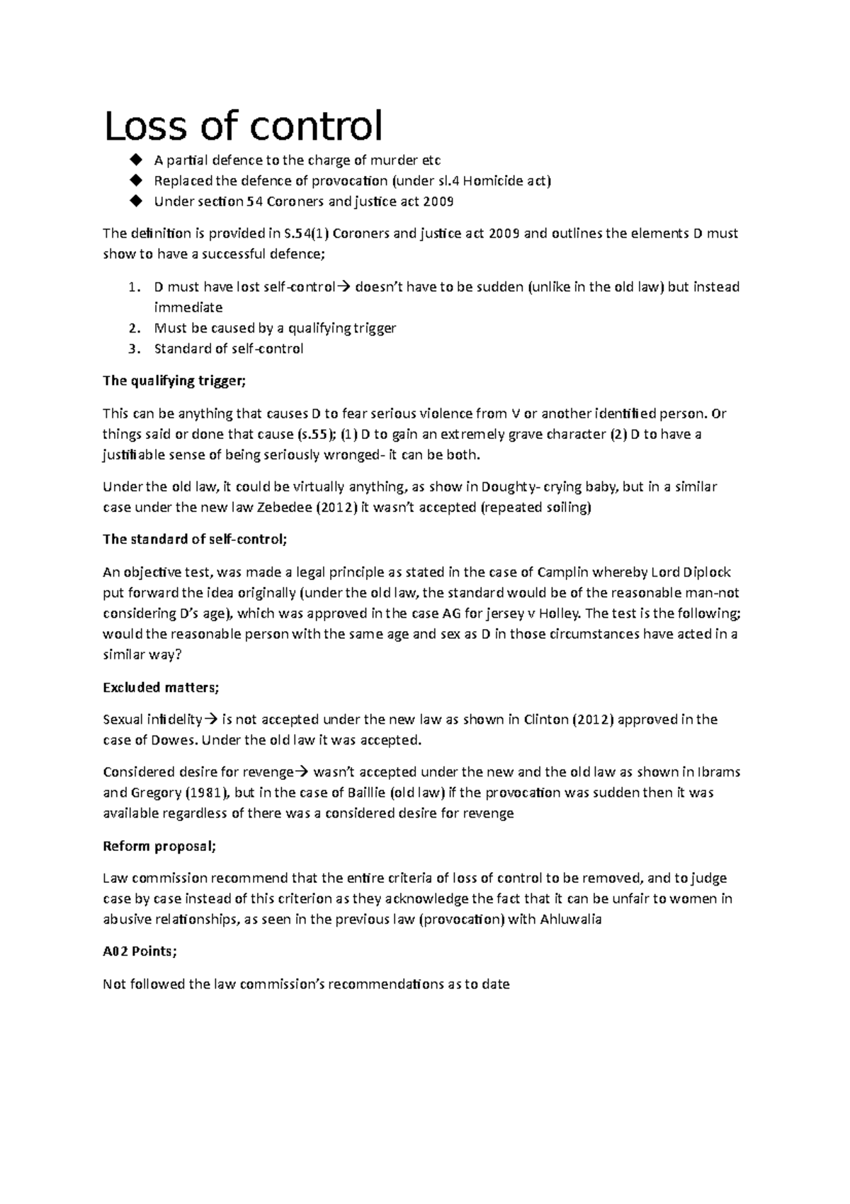 Loss of control - Loss of control A parial defence to the charge of ...