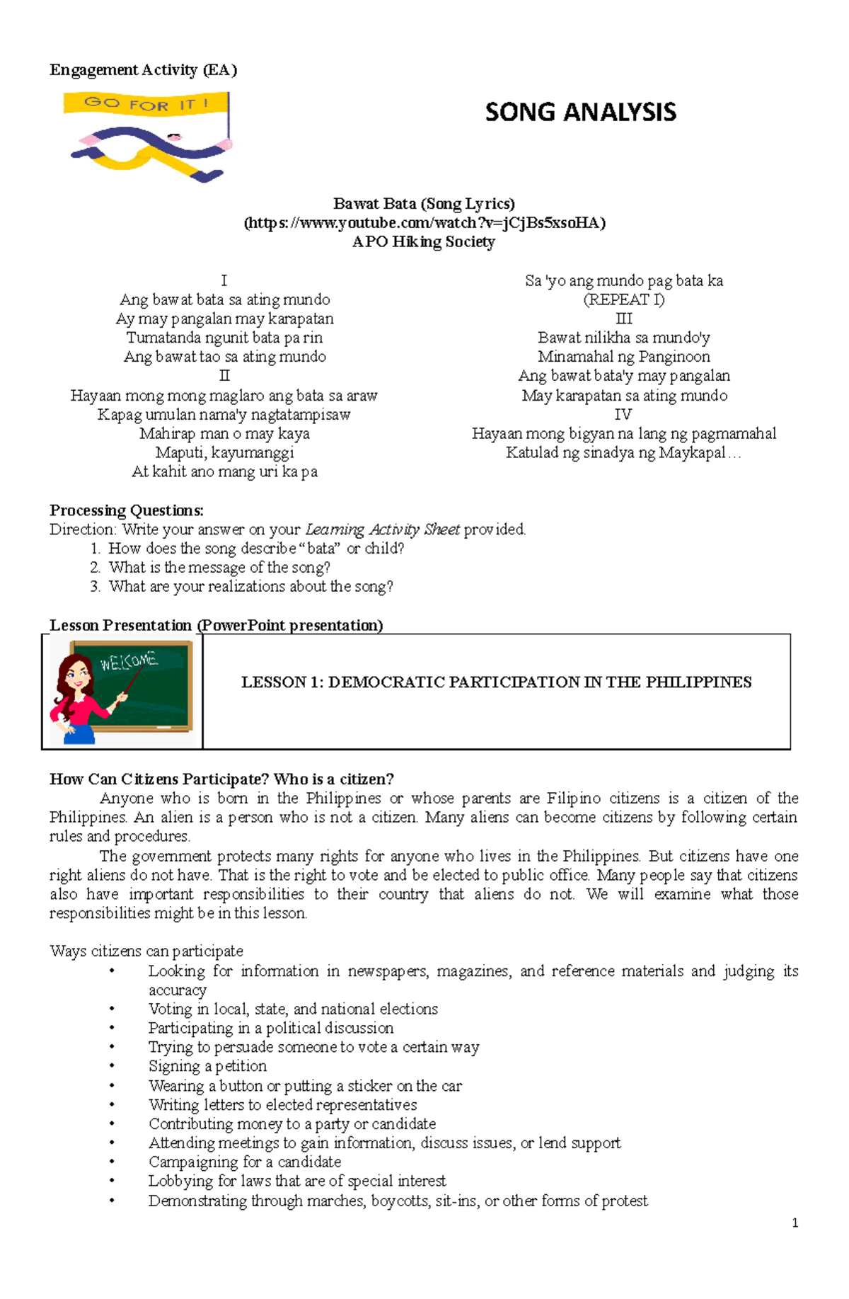 Intervention Trends - Engagement Activity (EA) Bawat Bata (Song Lyrics ...