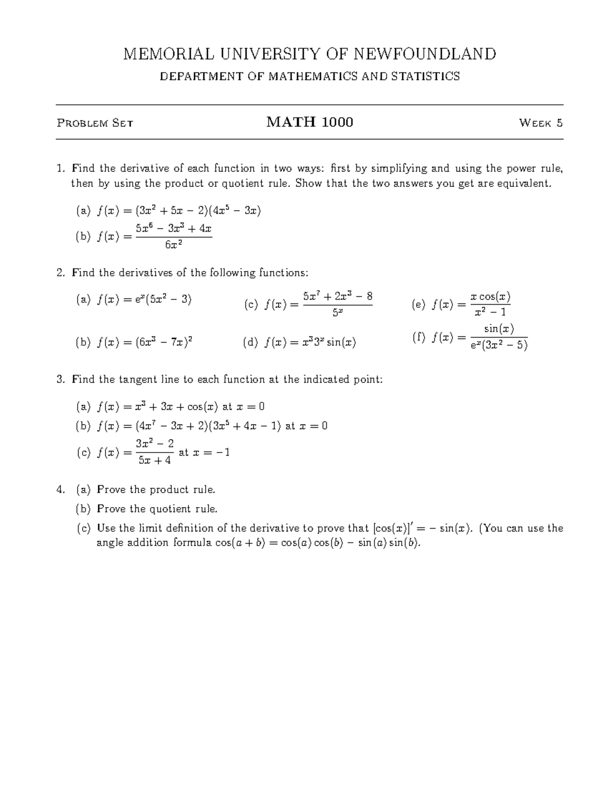 Problems Week 5 - MEMORIAL UNIVERSITY OF NEWFOUNDLAND DEPARTMENT OF ...
