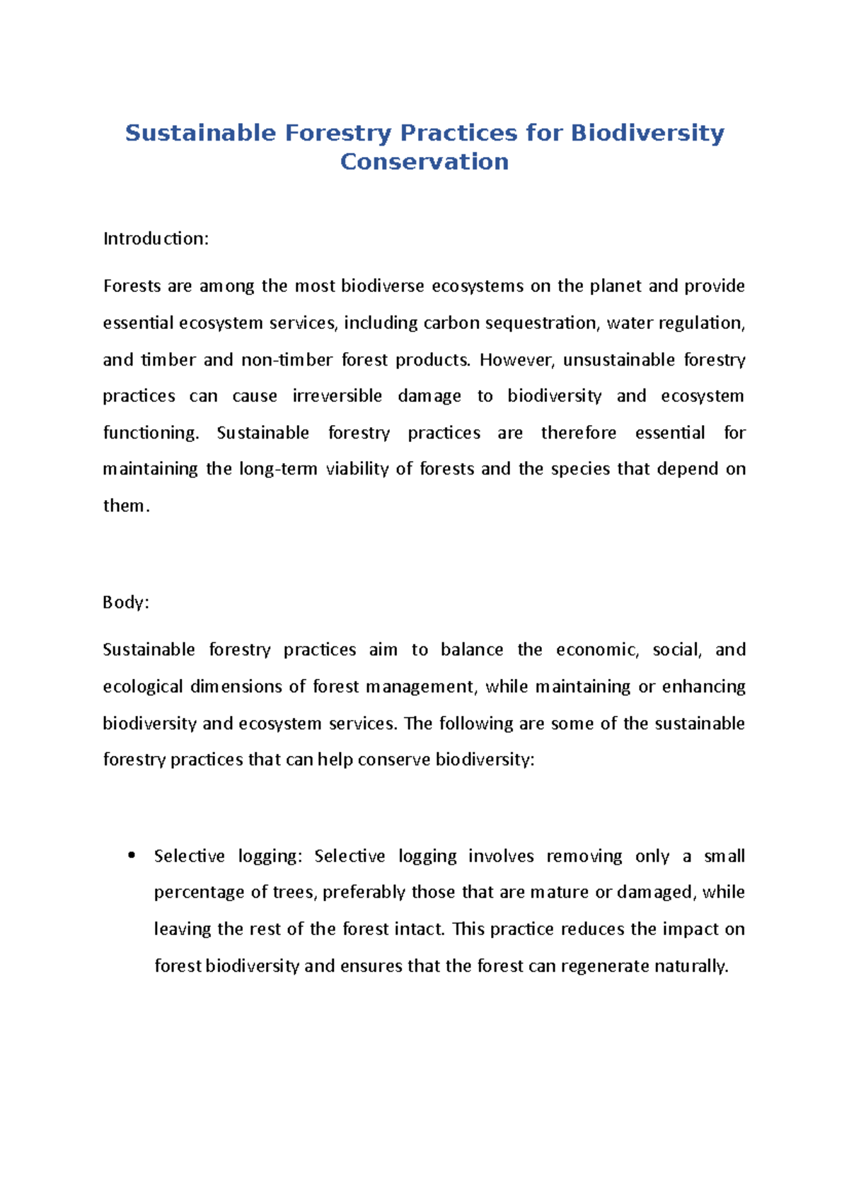 Sustainable Forestry Practices for Biodiversity Conservation ...