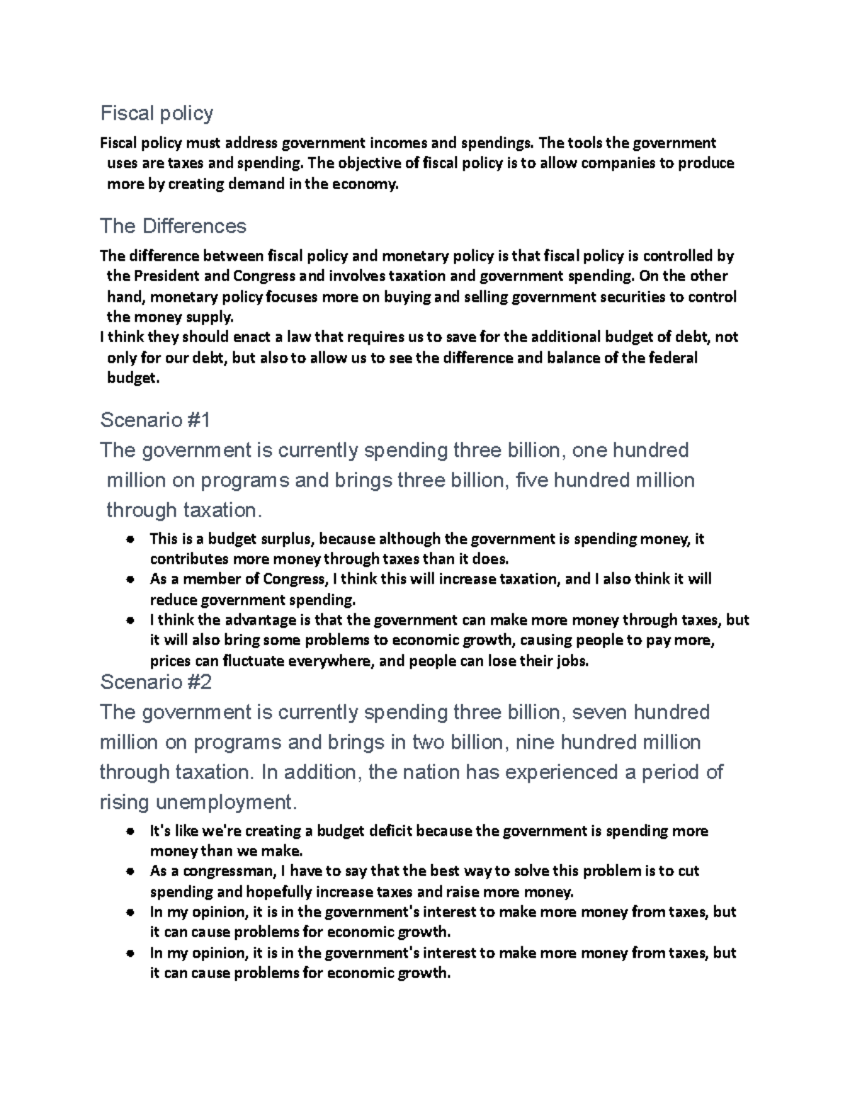 Econ Note 4 - Econ notes - Fiscal policy Fiscal policy must address ...
