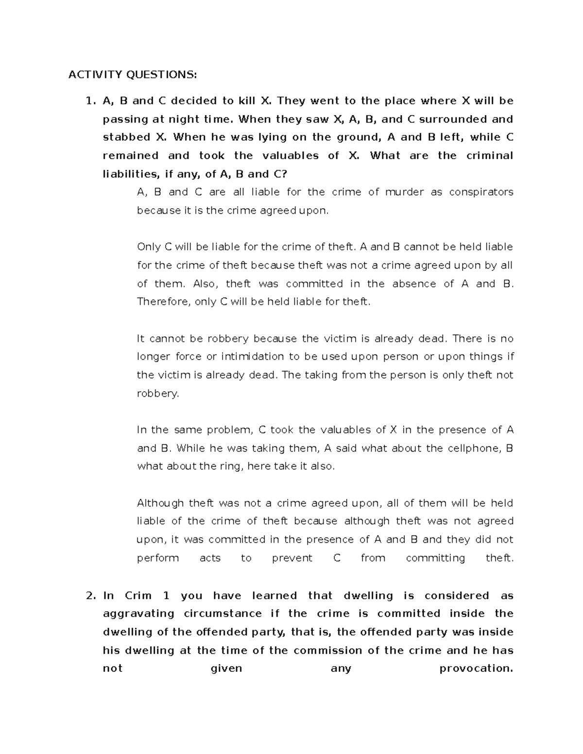 Activity Questions Criminal law 2 - Legal Management - University of ...