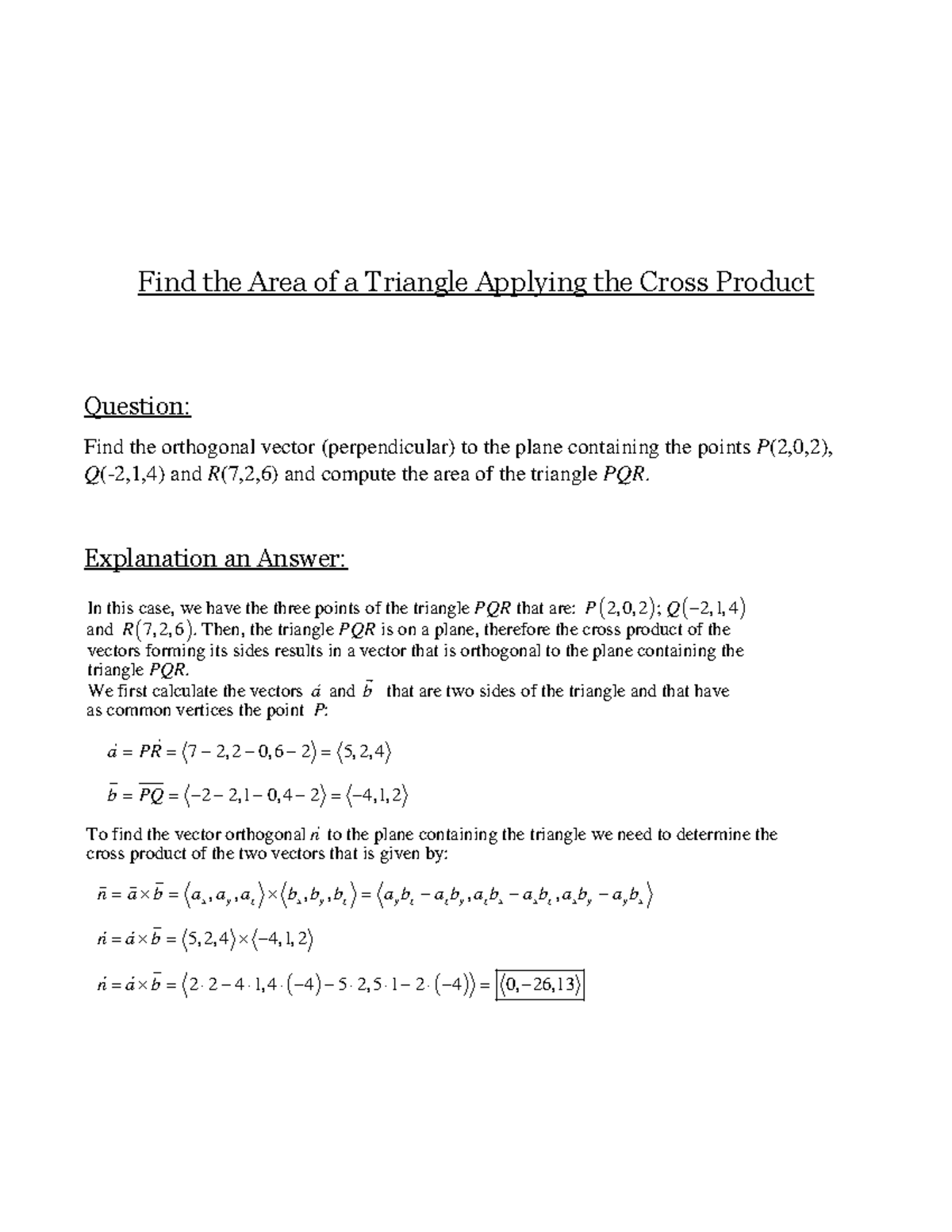 Area of a Triangle by Using Cross Product Problem solved - Find the ...