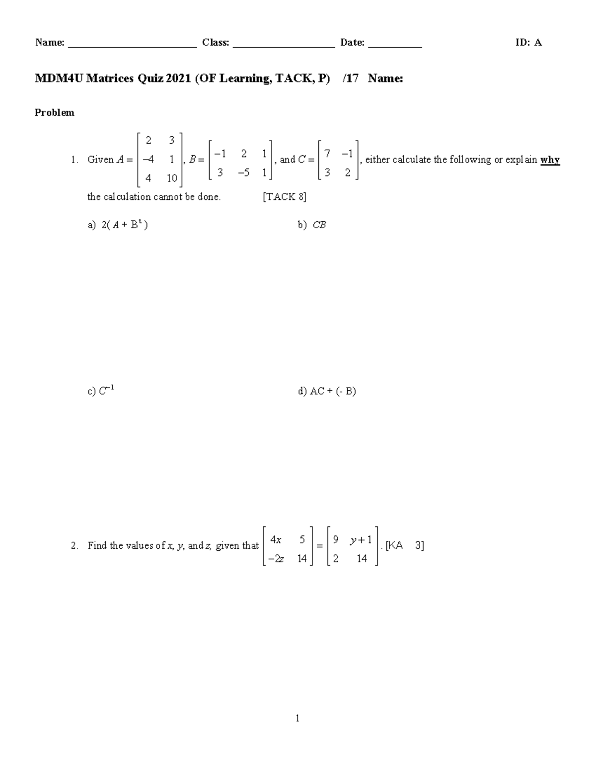 Ch1 Matrices Quiz - Hey enjoy freee - Name ...