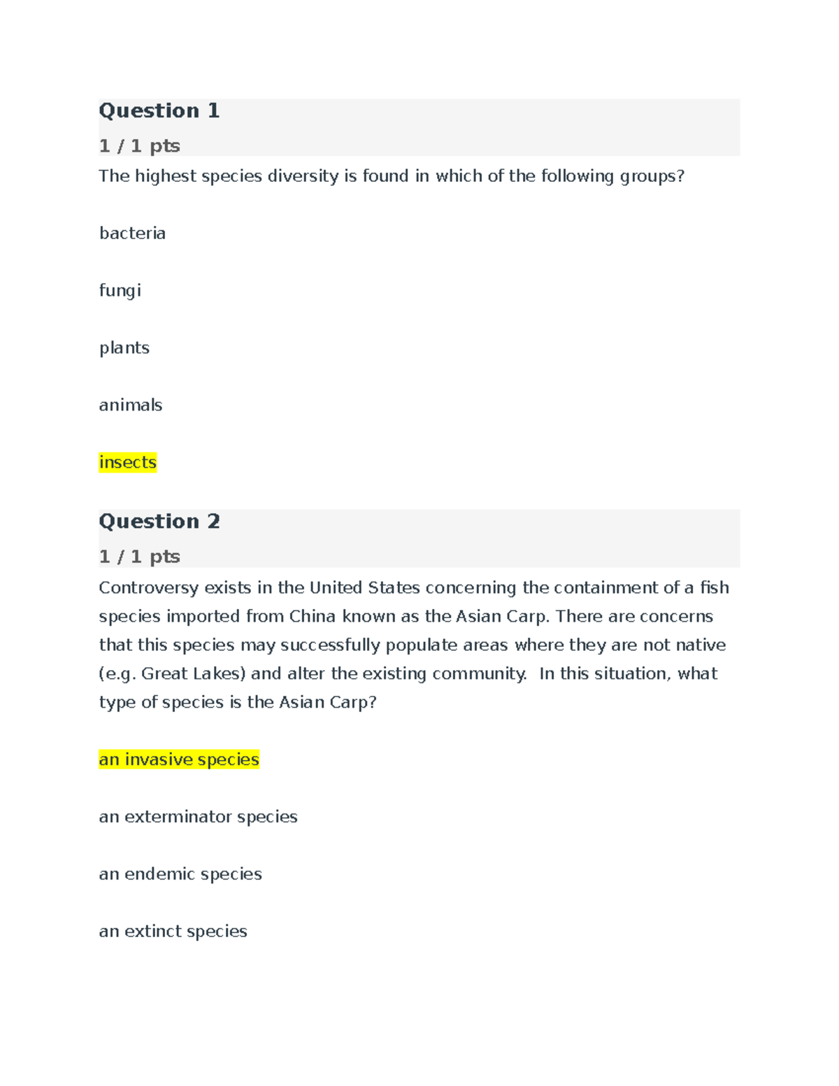 Biodiversity Quiz - Studocu