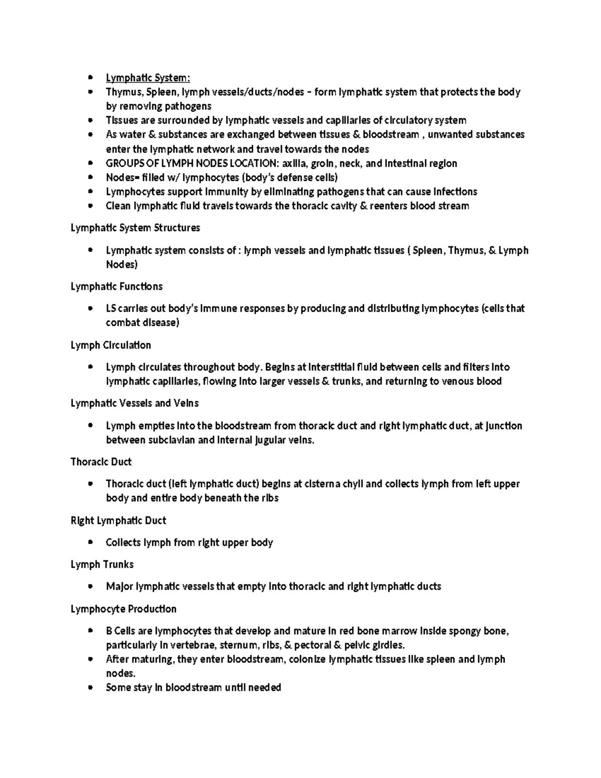 Lymphatic System Lab notes - Lymphatic System: Thymus, Spleen, lymph ...