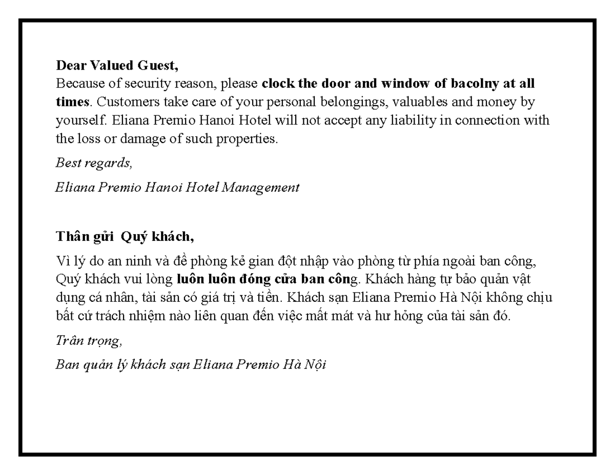 Dear Value Guest - Dear Valued Guest, Because of security reason, please clock the door and ...