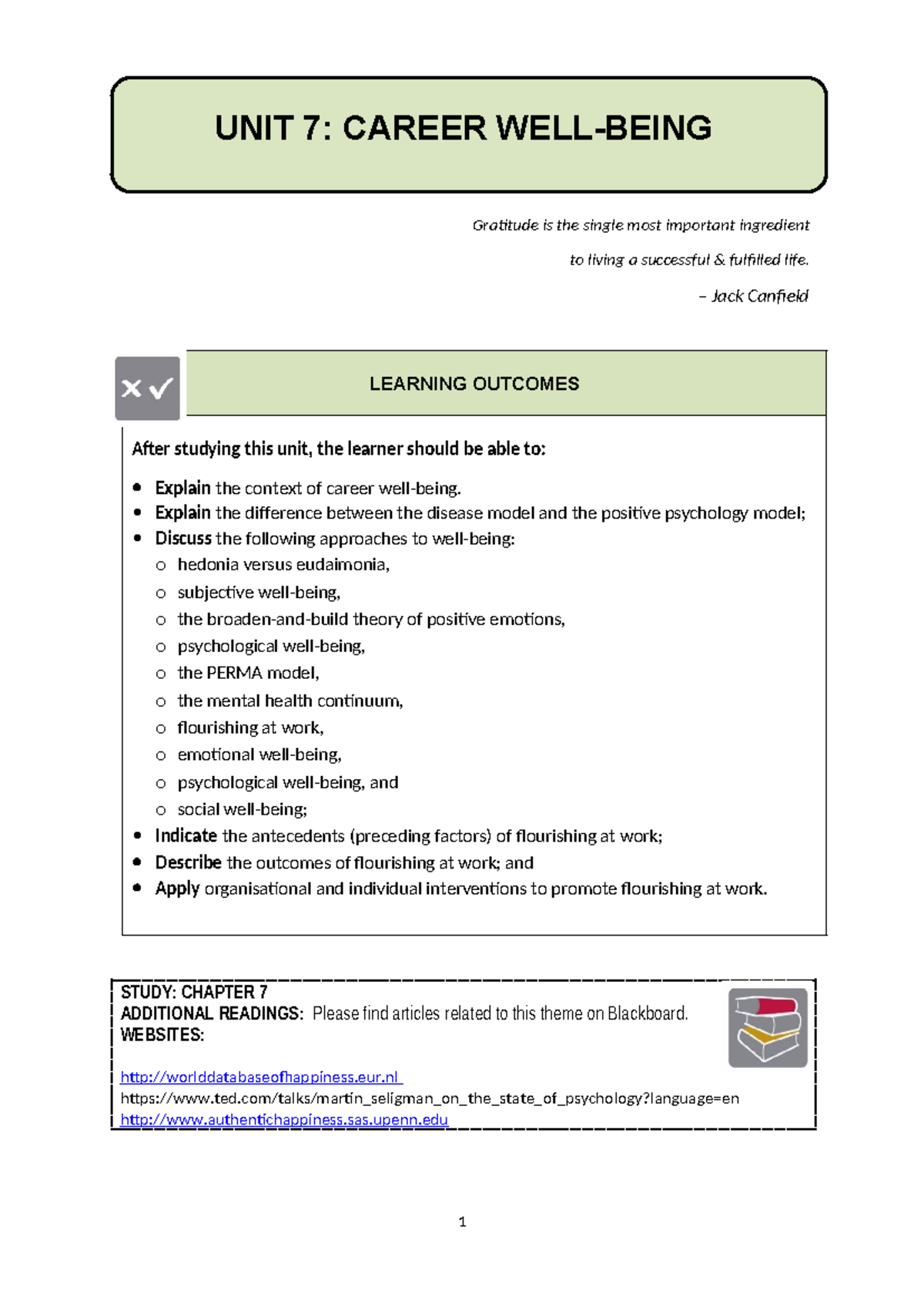 Unit 7 Career Wellbeing SG - UNIT 7: CAREER WELL-BEING Gratitude is the ...