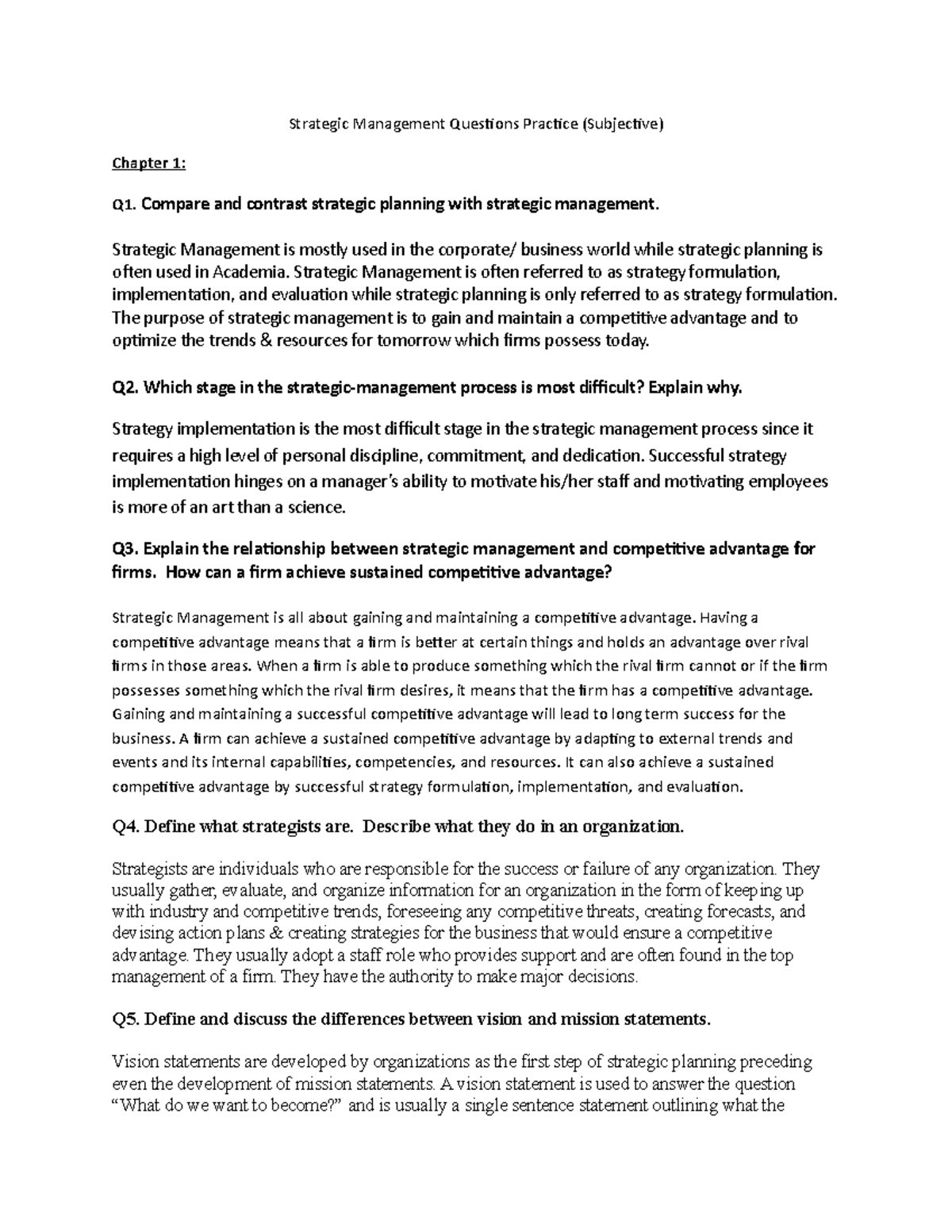 Strategic Management Questions Practice - Compare and contrast ...