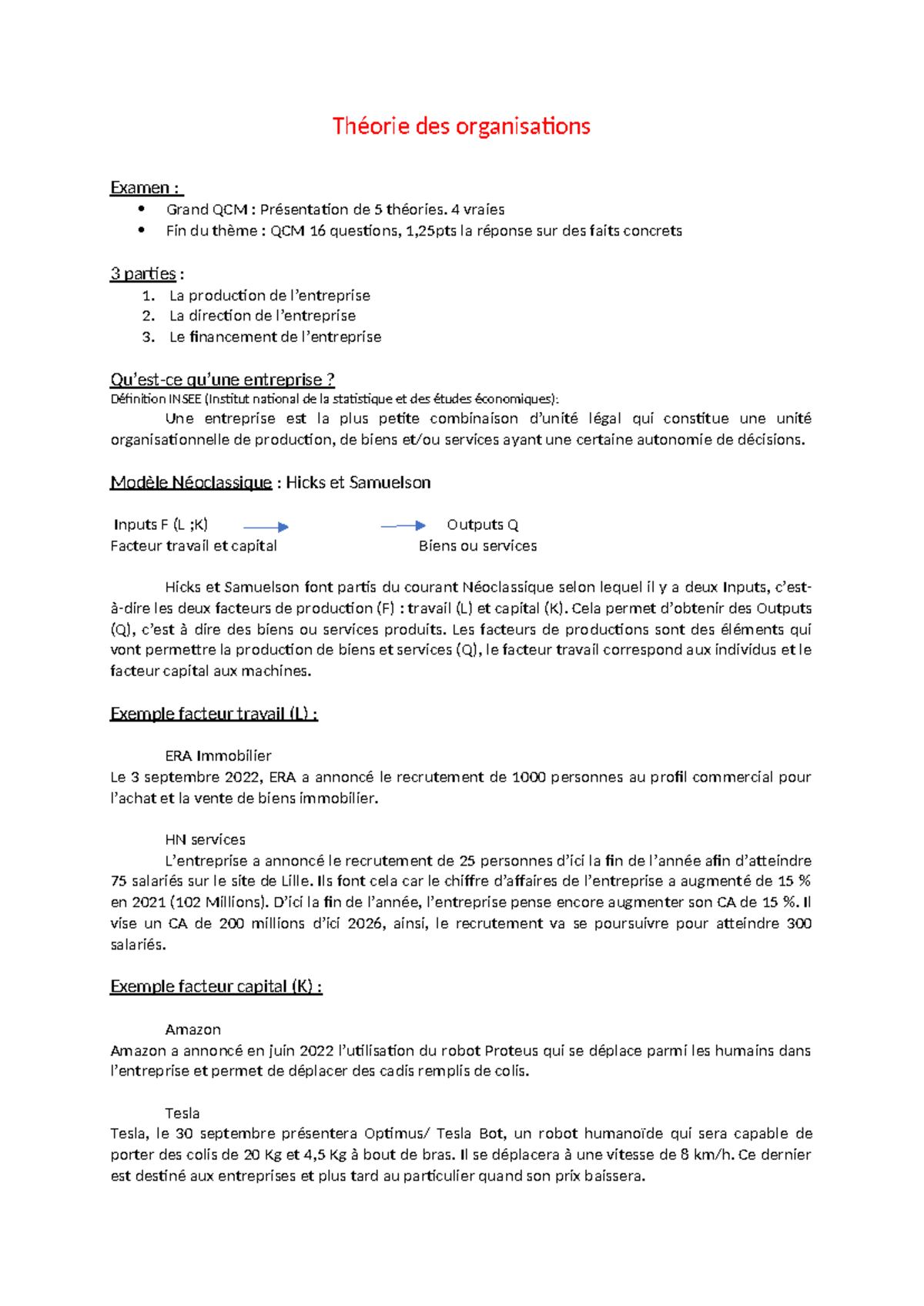 Cours théorie des orga - resume chap 1 - Théorie des organisations Examen : Grand QCM : - Studocu