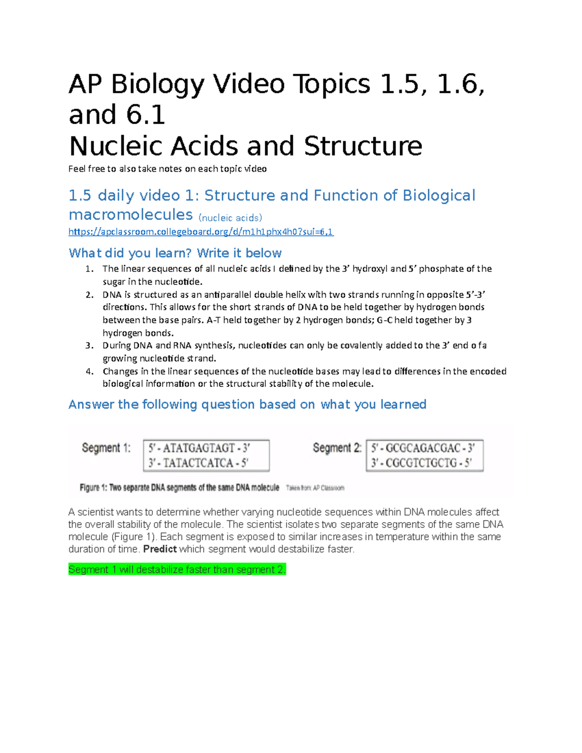 AP Biology Video Topics DNA RNA structure - AP Biology Video Topics 1 ...