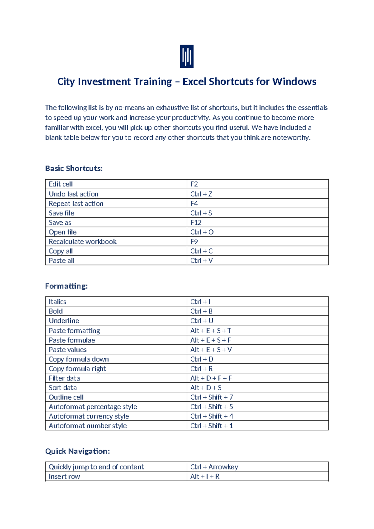 Excel Shortcuts - As you continue to become more familiar with excel ...