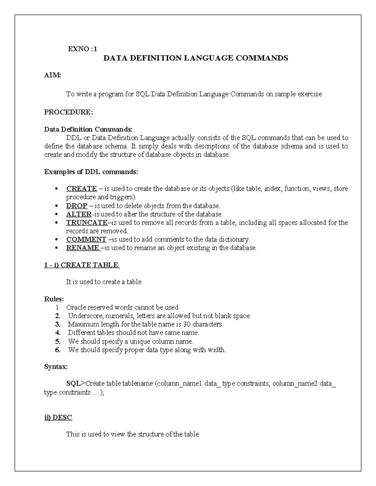 DBMS LAB (1-9) - nm,./ - EXNO : DATA DEFINITION LANGUAGE COMMANDS AIM ...