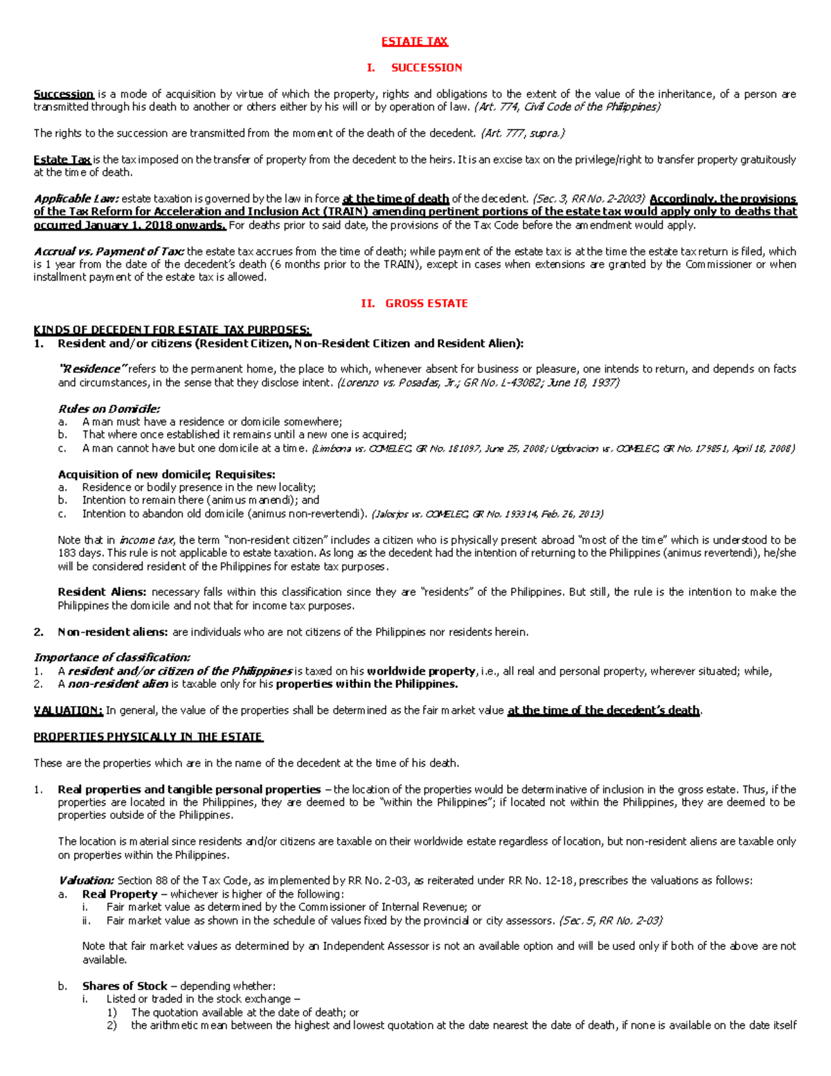6 - escra mami - ESTATE TAX I. SUCCESSION Succession is a mode of ...