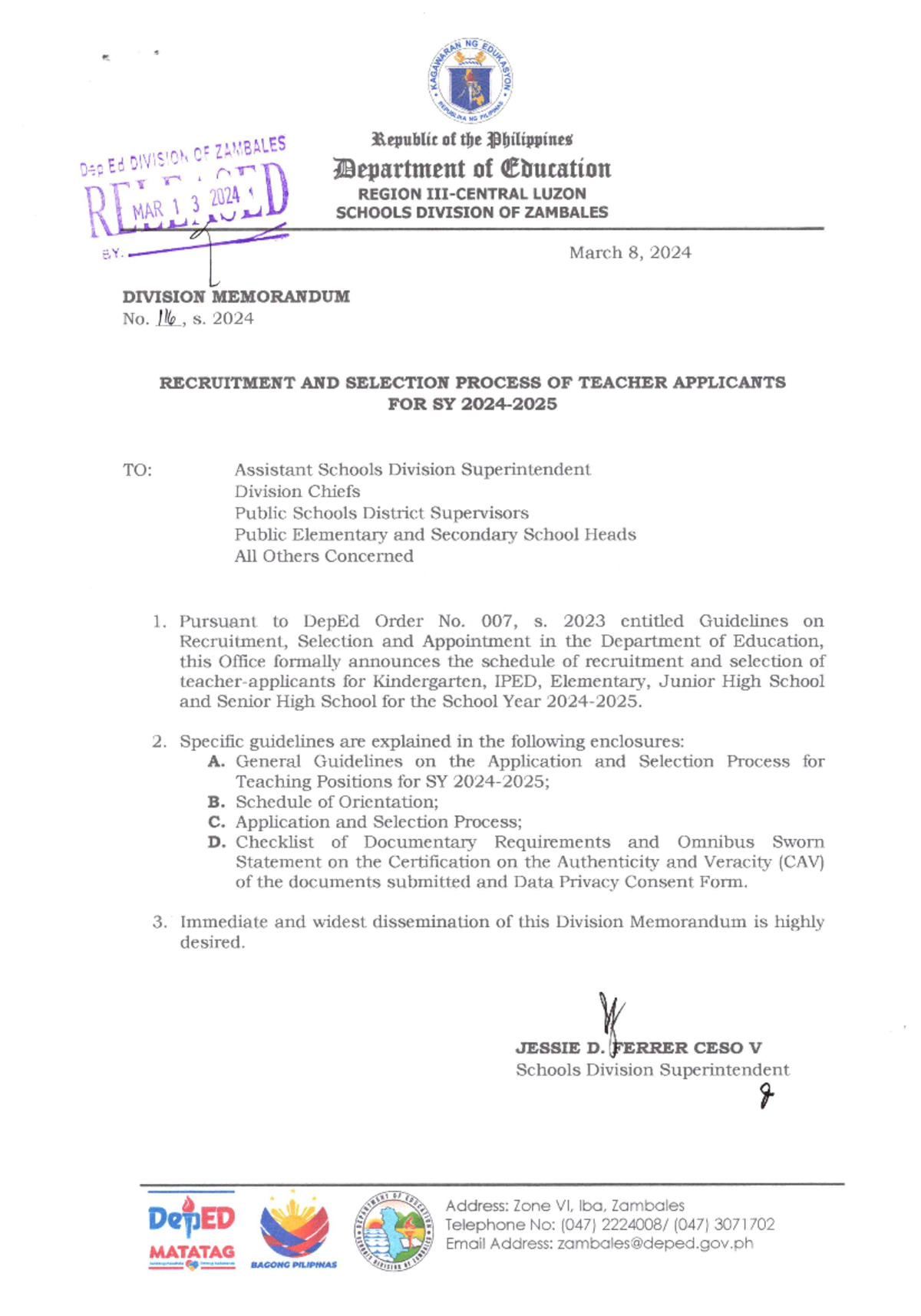 DM No. 116, s. 2024 - Recruitment and Selection Process of Teacher ...