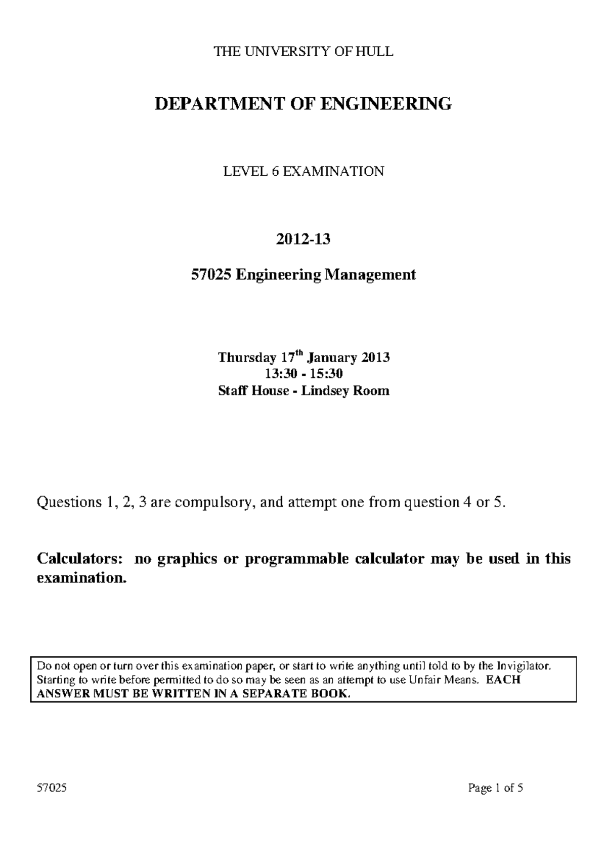 Engineering management Exam 2013 - THE UNIVERSITY OF HULL DEPARTMENT OF ...