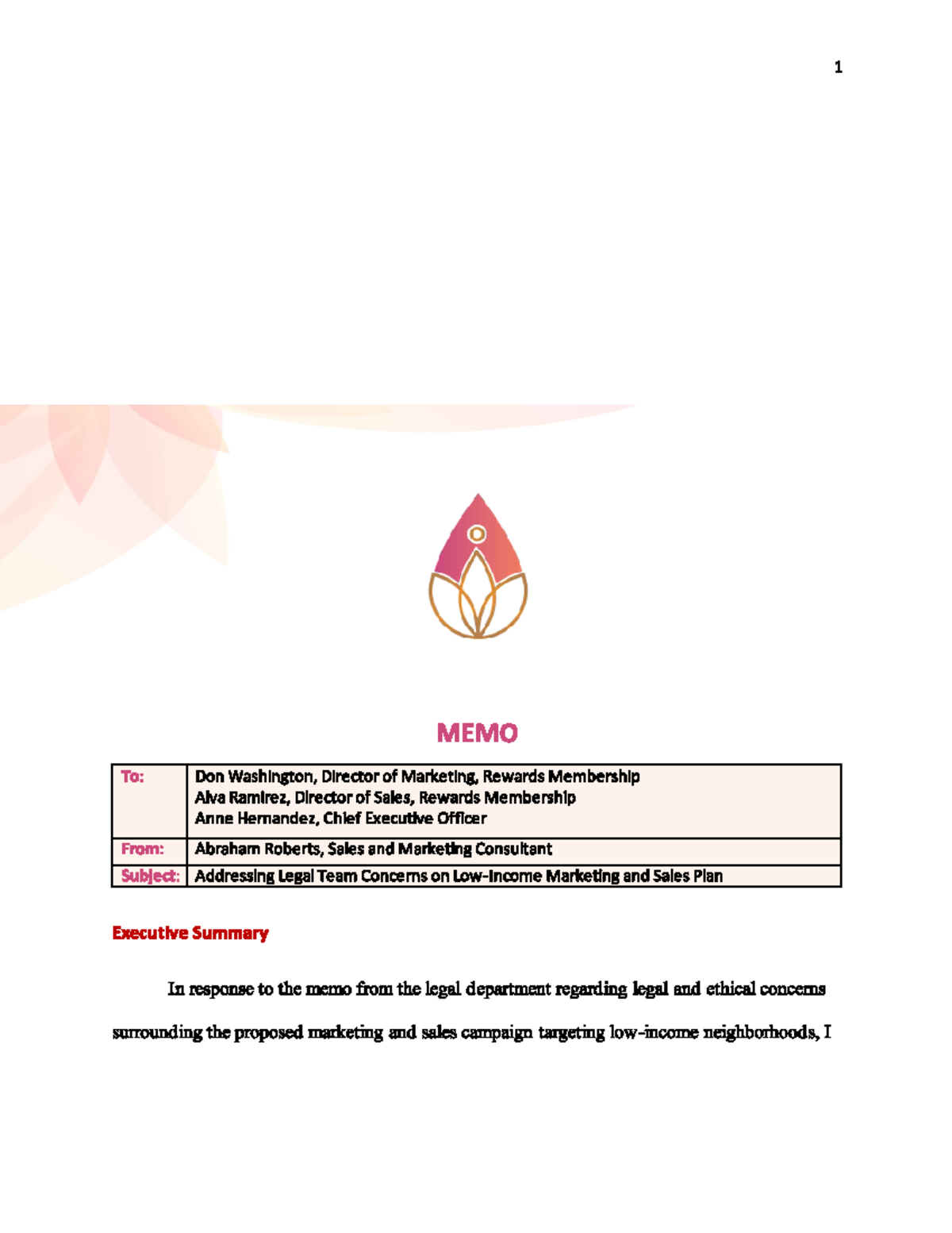 9-1 Project Three Response Memo - Stu - 1 MEMO To: Don Washington ...