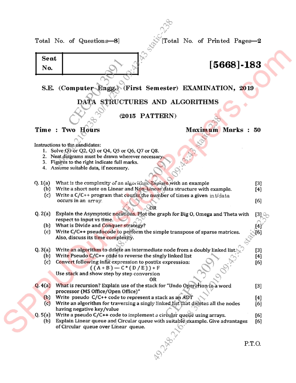 Be Computer Engineering Semester 3 2019 November Data Structures And Algorithms Dsa Pattern 2015