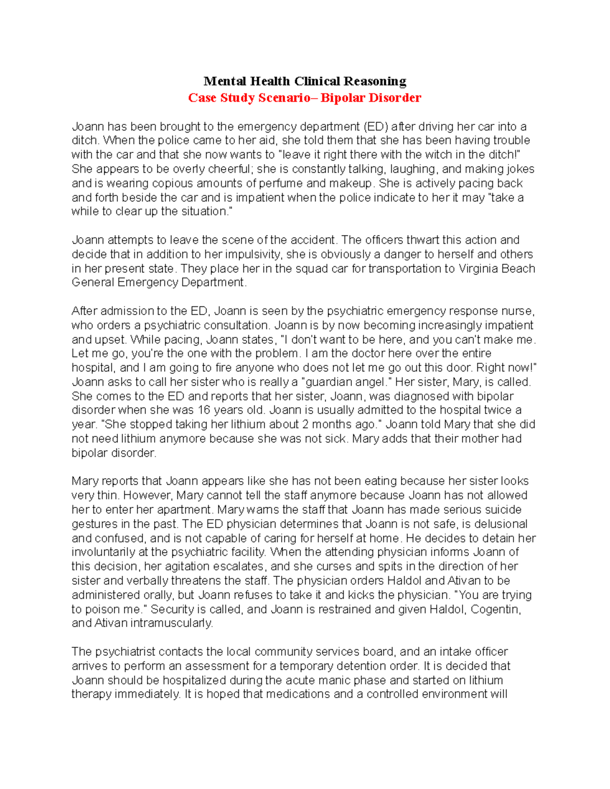 Psych UNIT clinical Bipolar Case Study - Mental Health Clinical ...