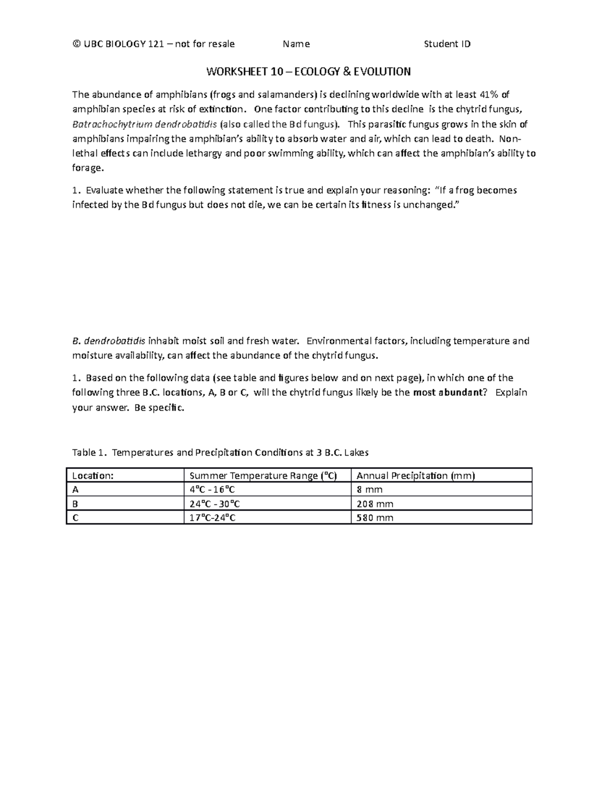 Worksheet #10 - Ecology and Evolution - WORKSHEET 10 – ECOLOGY ...