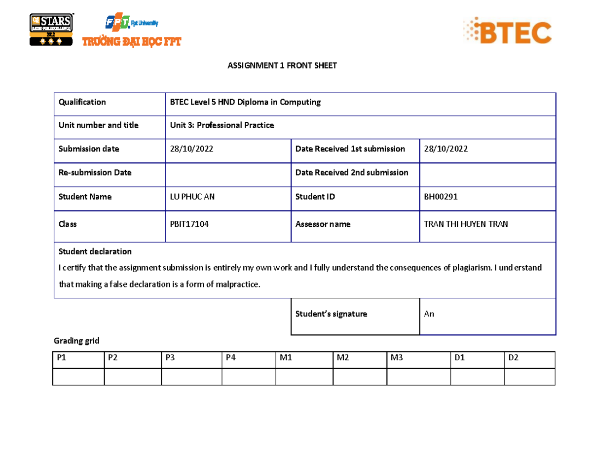 Asm1 Professional Practice Lu Phuc An Assignment 1 Front Sheet Qualification Btec Level 5 Hnd