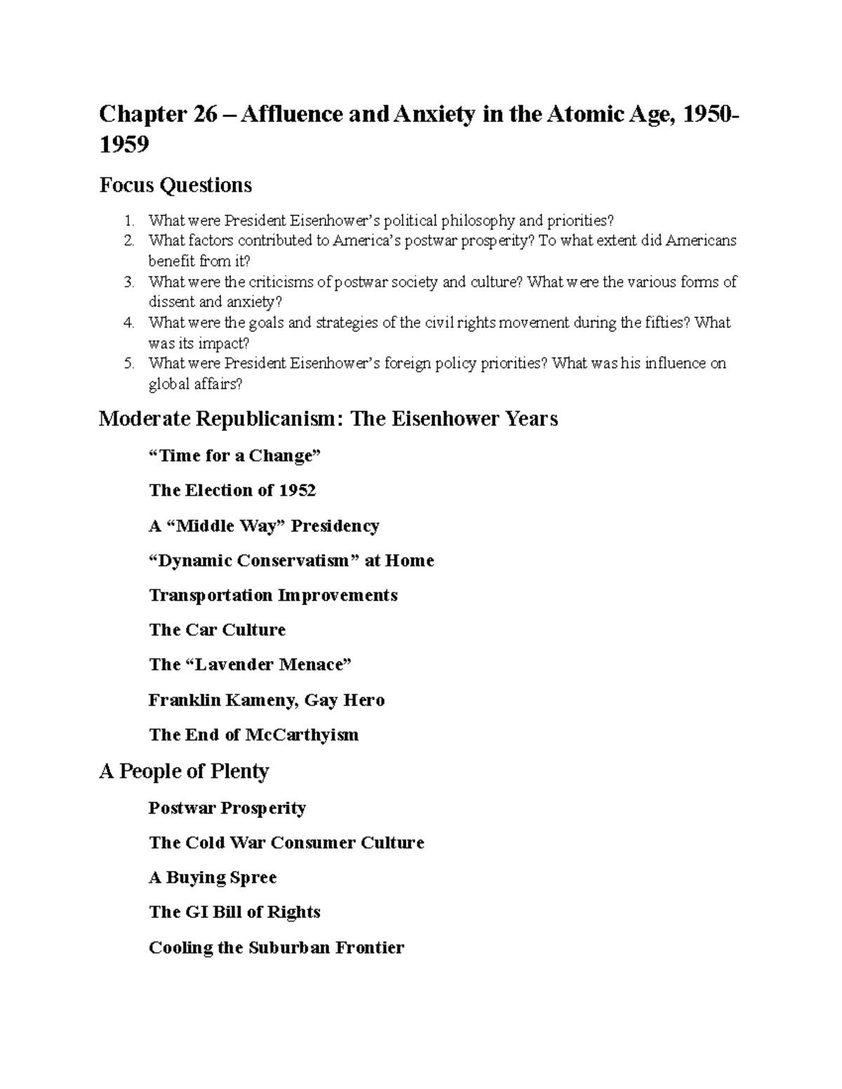 Amnar 12 Brief Chapter 26 Outline - Chapter 26 – Affluence and Anxiety ...