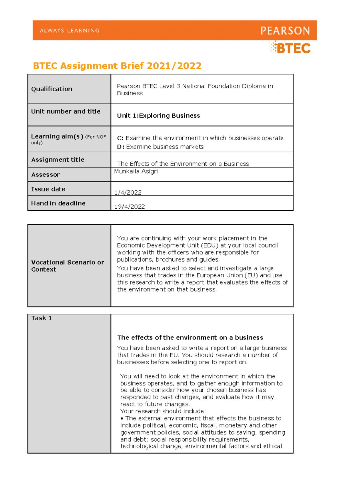 Assignment 2 of unit 1( 2022 - BTEC Assignment Brief 2021/ Qualification Pearson BTEC Level 3 ...