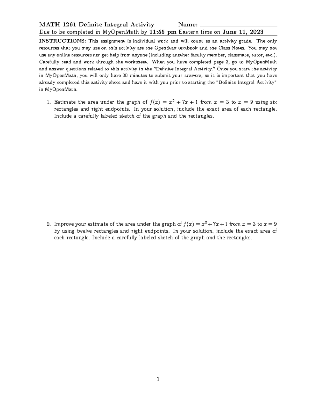 Definite Integral Activity worksheet - MATH 1261 Definite Integral ...