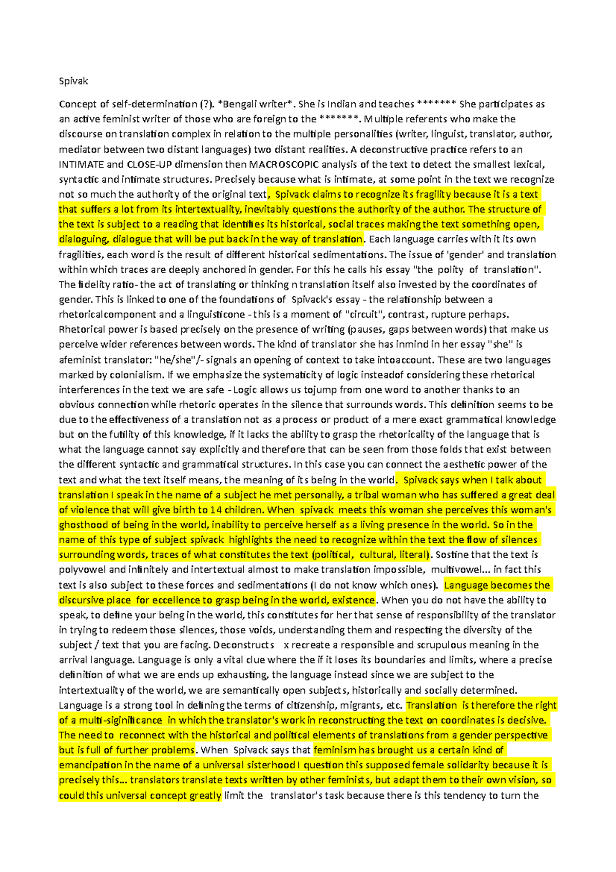 Spivak - Spivak Concept of self-determination (?). Bengali writer. She ...