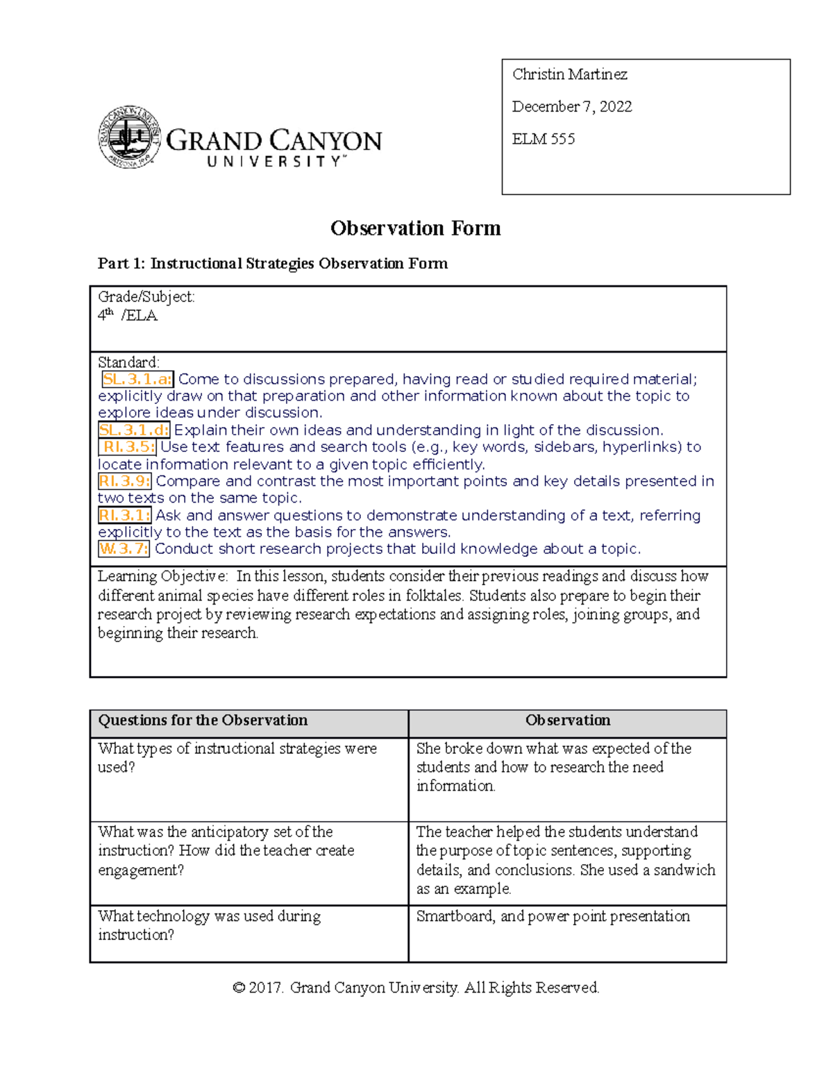 ELM 555 RS T2 CFE Observation Form - Observation Form Part 1 ...