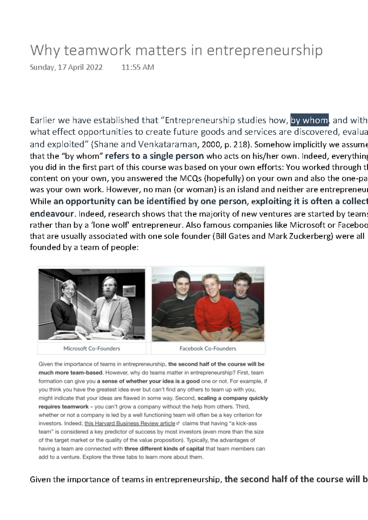 Why teamwork matters in entrepreneurship - Earlier we have established ...