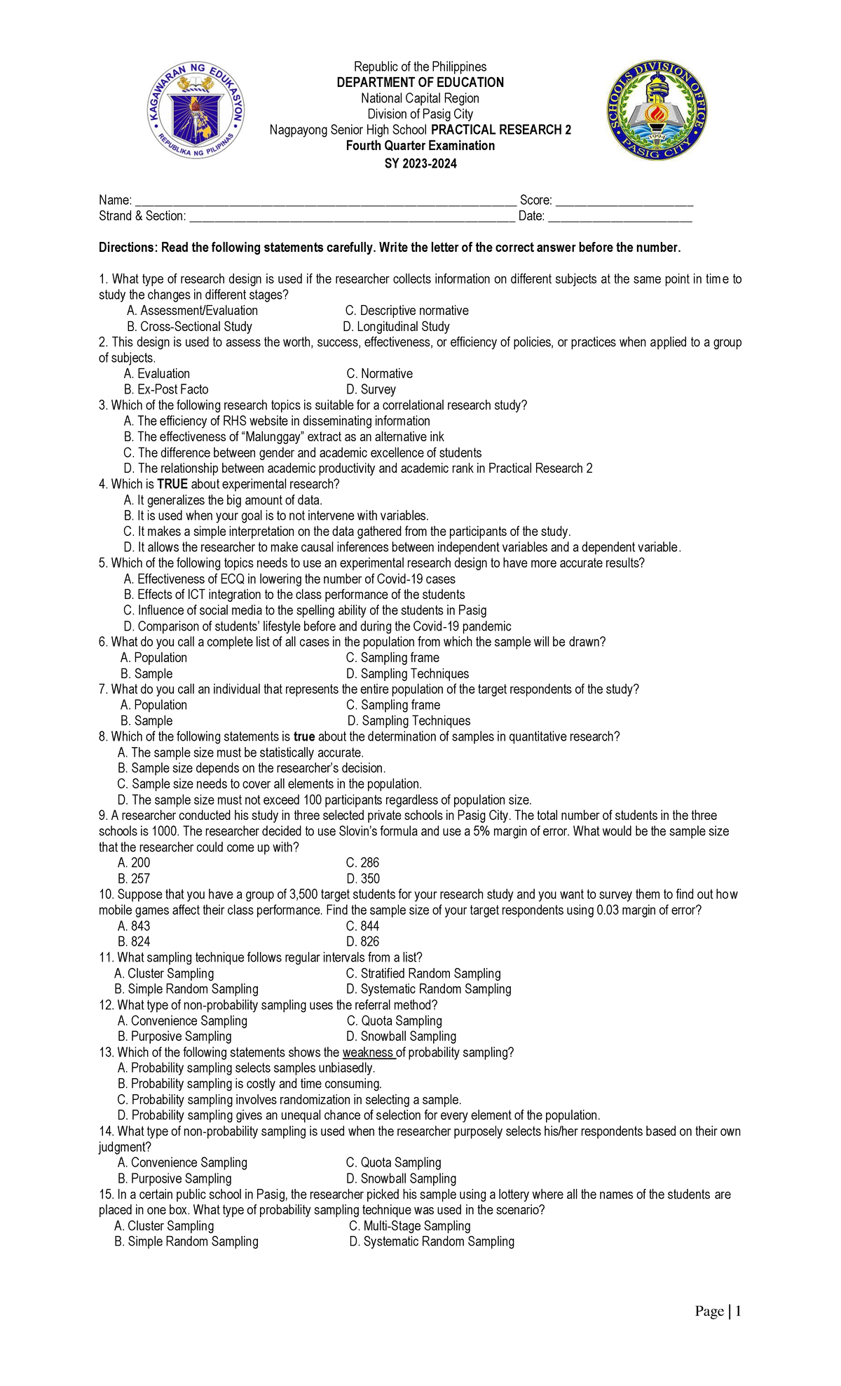 4th-Quarter-PR2 - DBOW - Republic of the Philippines DEPARTMENT OF ...