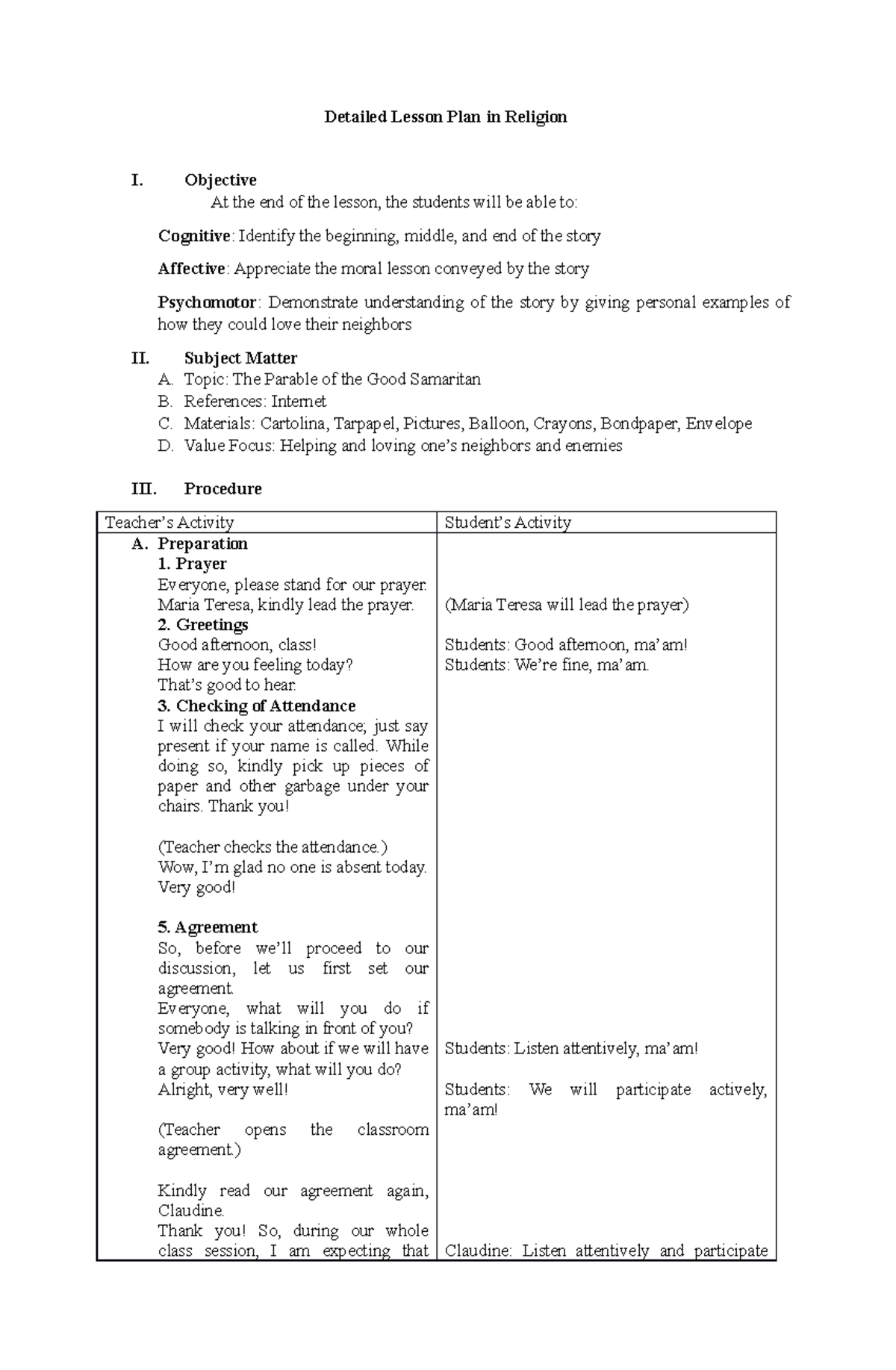 Detailed lesson plan in religion - Detailed Lesson Plan in Religion I ...