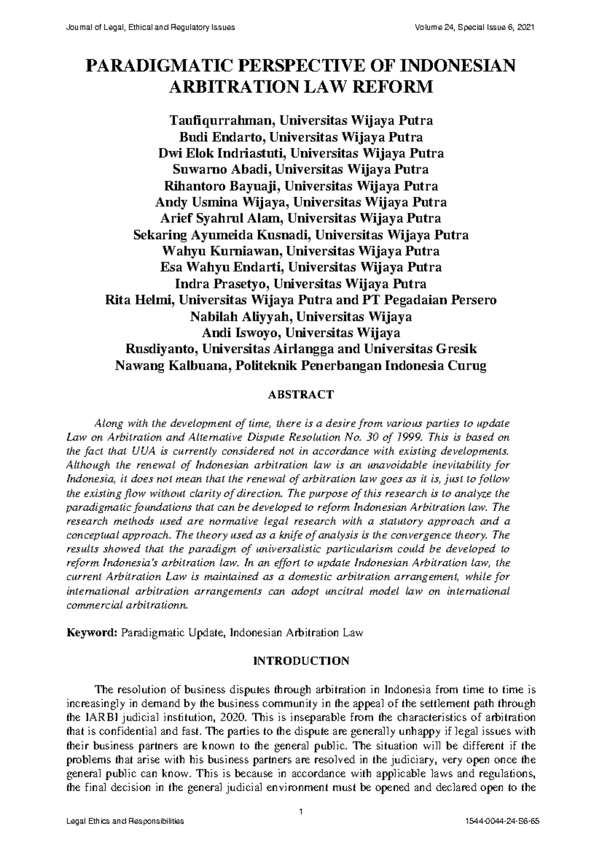 Paradigmatic Perspective of Indonesian Arbitration Law Reform - 1 ...
