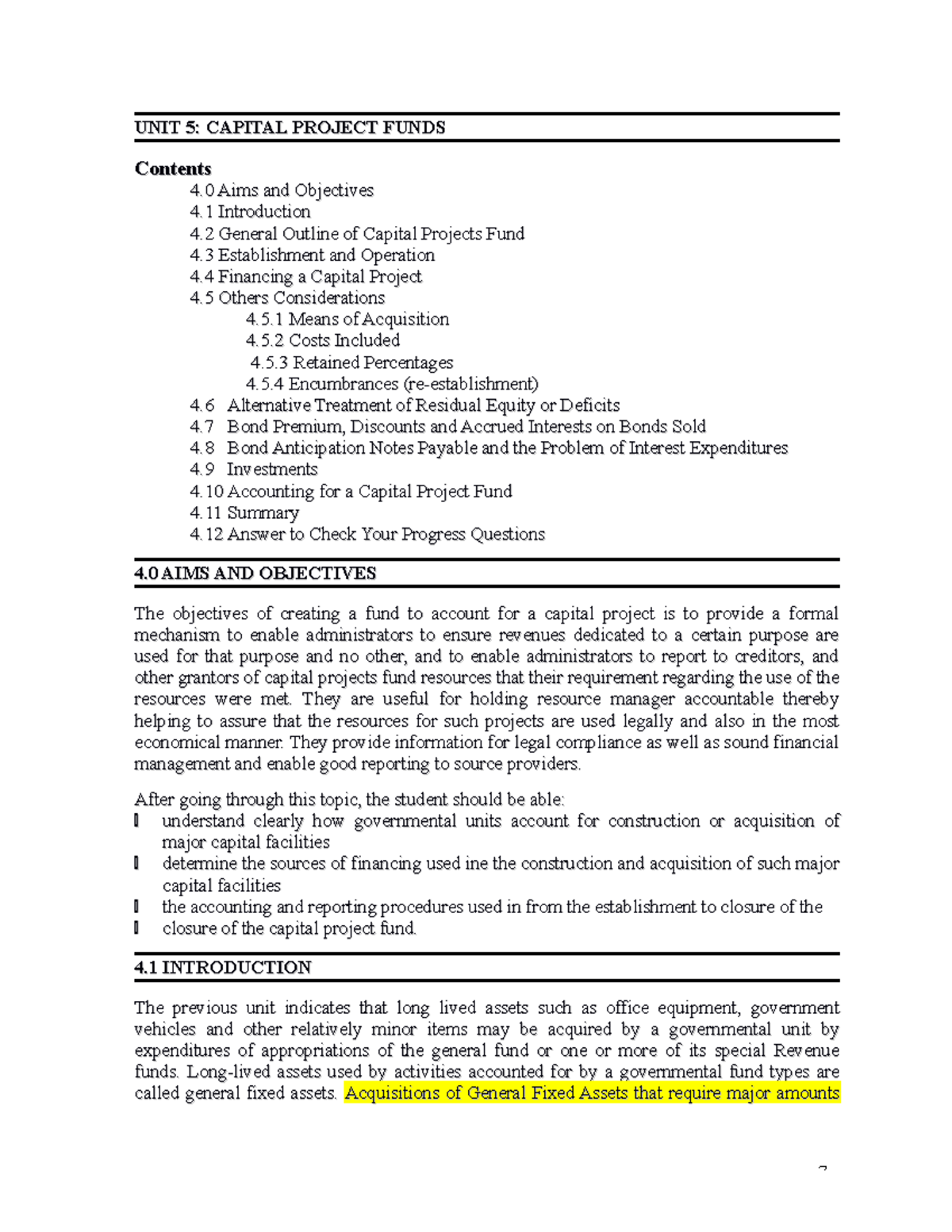 Unit s CPF - lecture notes on capital project fund - UNITUNIT 5:5 ...
