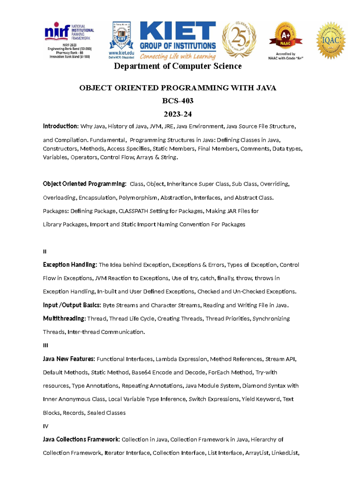 Syllabus Oops With Java Bcs 403 Department Of Computer Science Object Oriented Programming