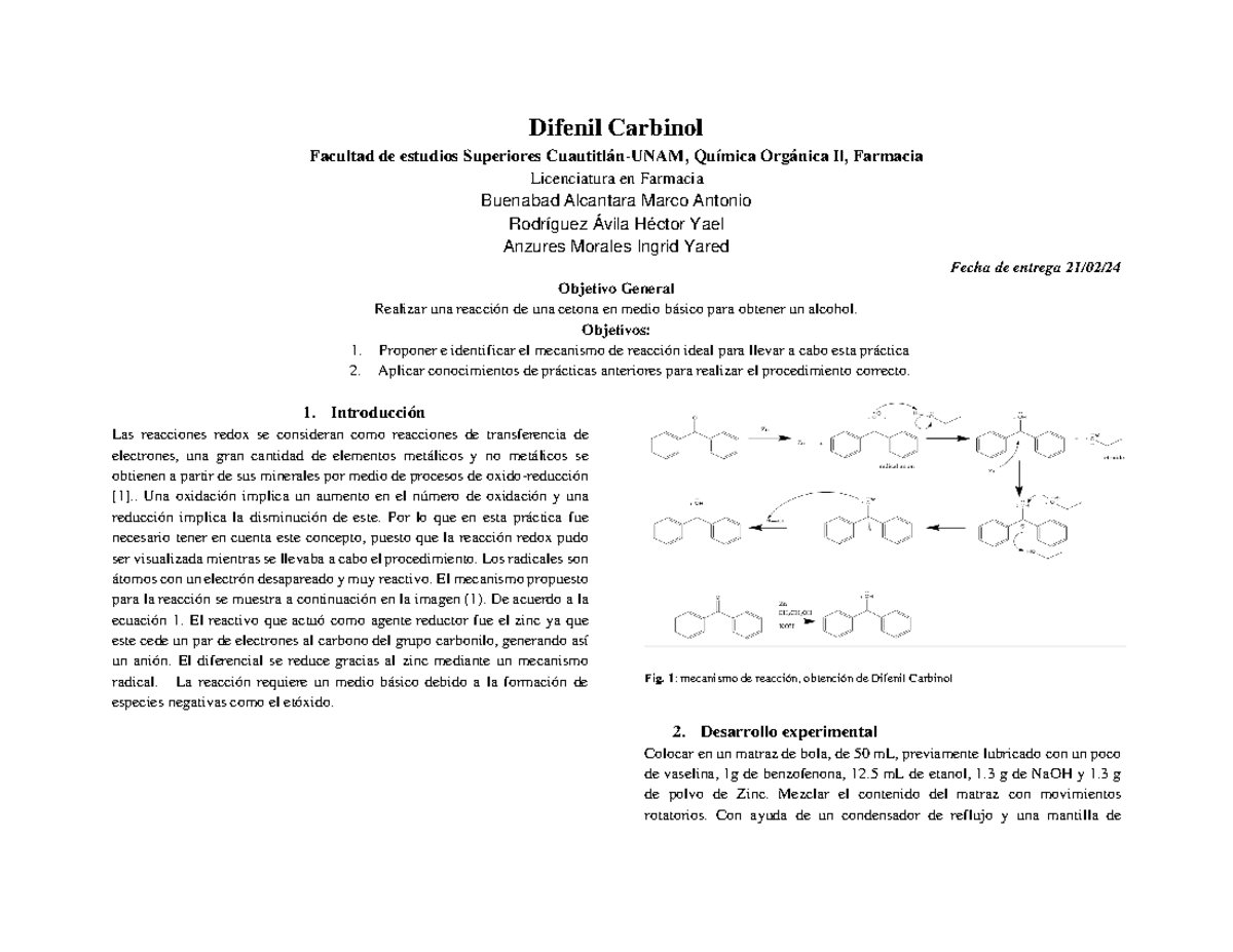 Reporte de difenilcarbinol - Difenil Carbinol Facultad de estudios ...