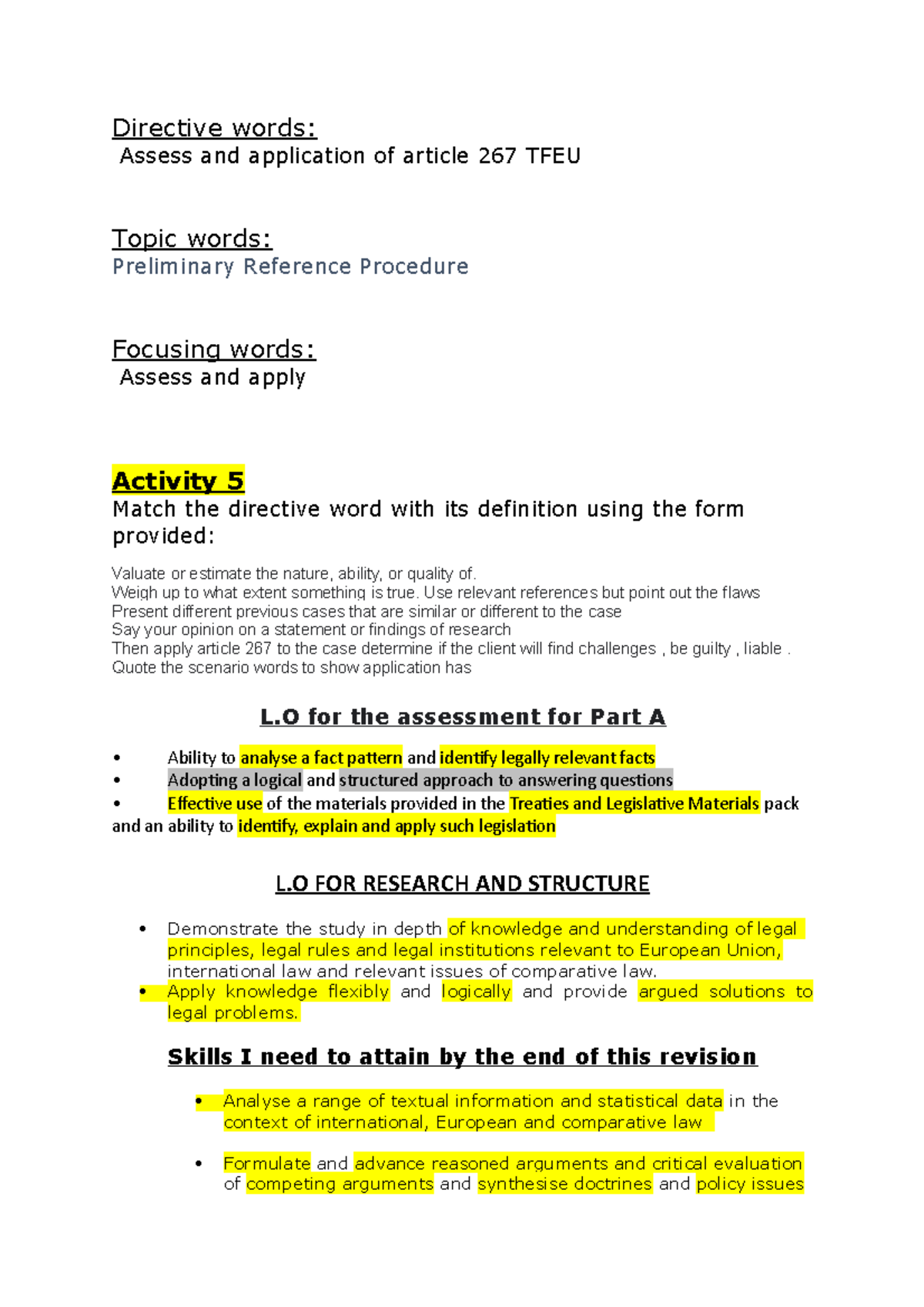 Revision a years summary for EU law module - Directive words: Assess ...