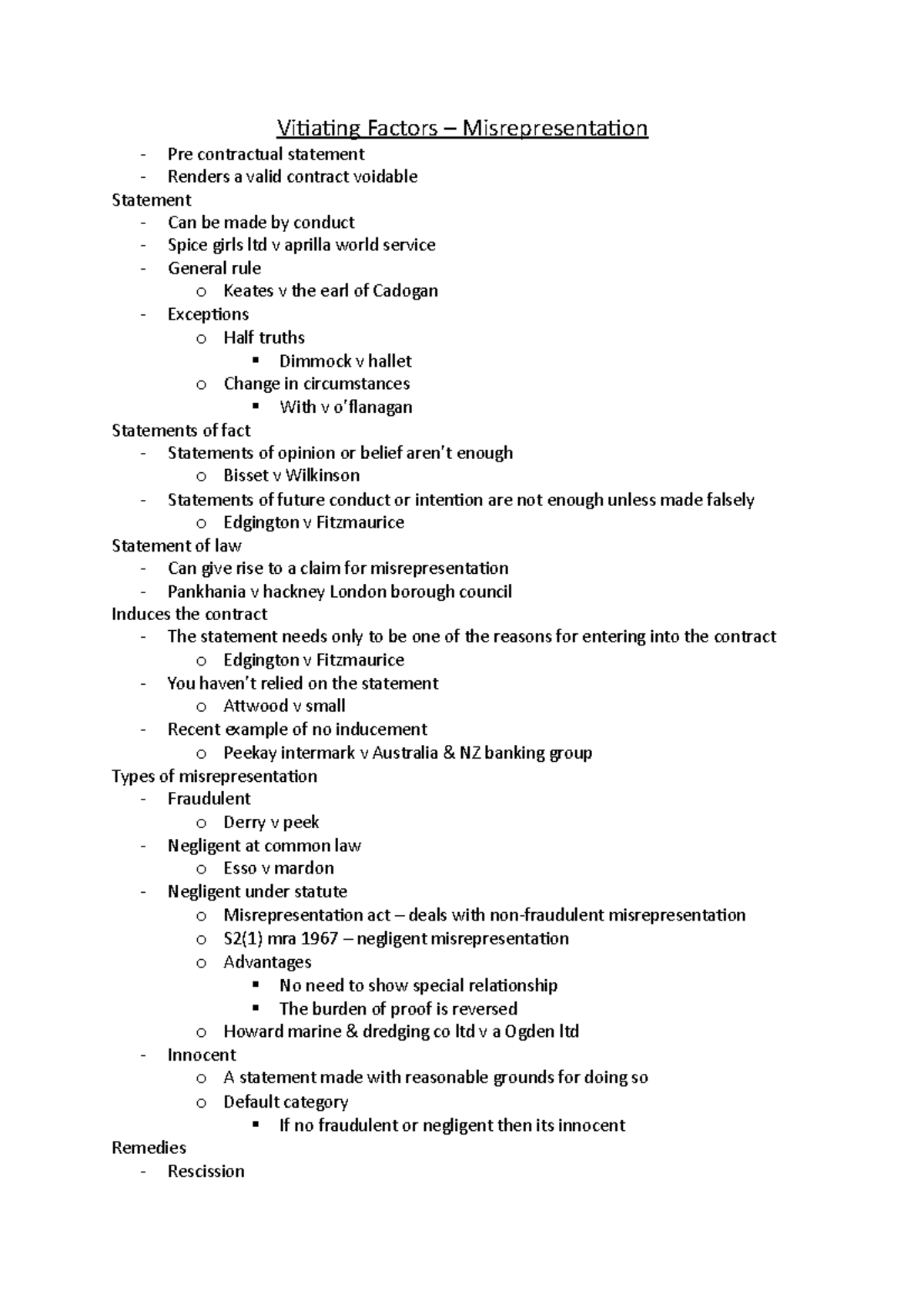 Vitiating Factors – Misrepresentation - Vitiating Factors ...