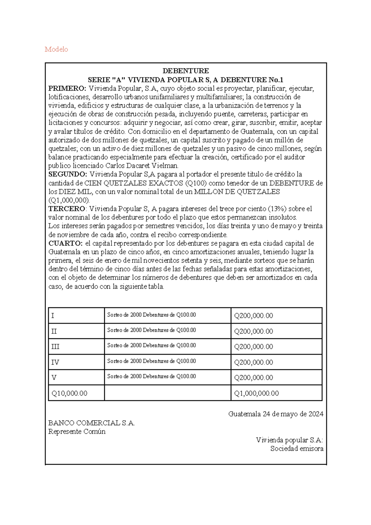 Debentures - Modelo DEBENTURE SERIE "A" VIVIENDA POPULAR S, A DEBENTURE ...