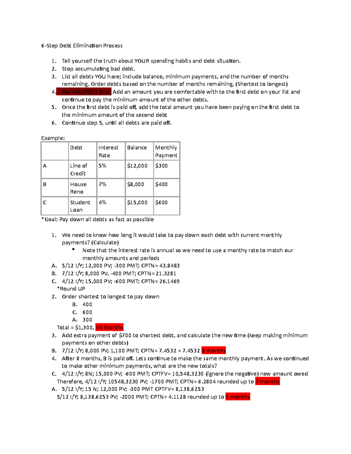 FNCE 2130 TVM - TVM Practice Notes - 6-Step Debt Elimination Process ...
