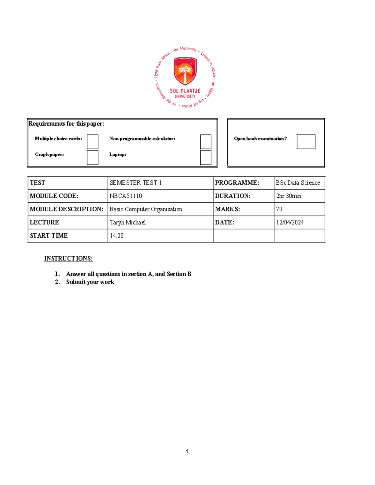 Csc101 Semester TEST 1 2024 - Requirements for this paper: Multiple ...