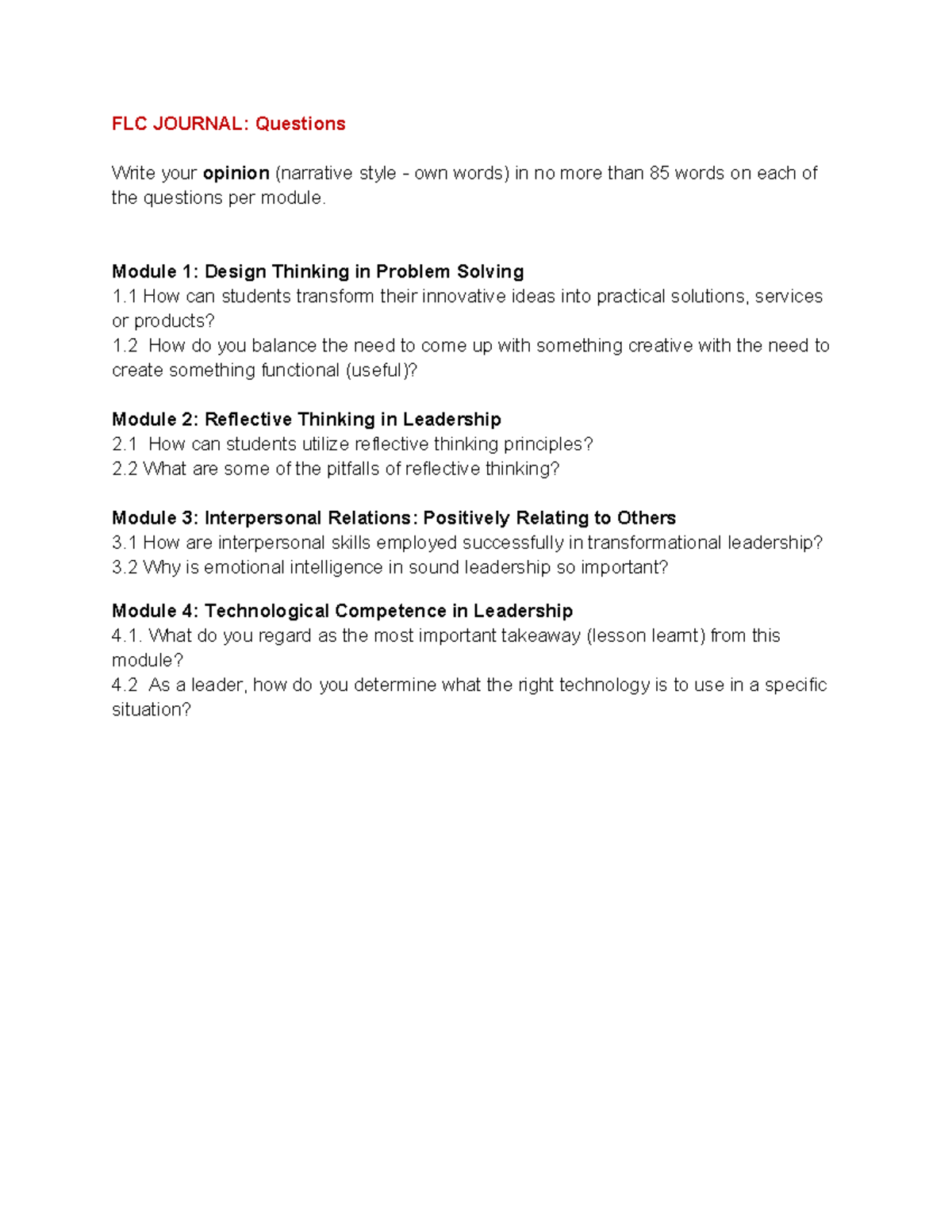 Journal Instructions Questions - FLC JOURNAL: Questions Write your ...