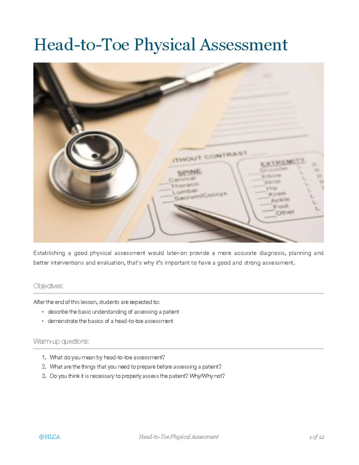 Head to Toe Assessment - Head-to-Toe Physical Assessment Establishing a ...
